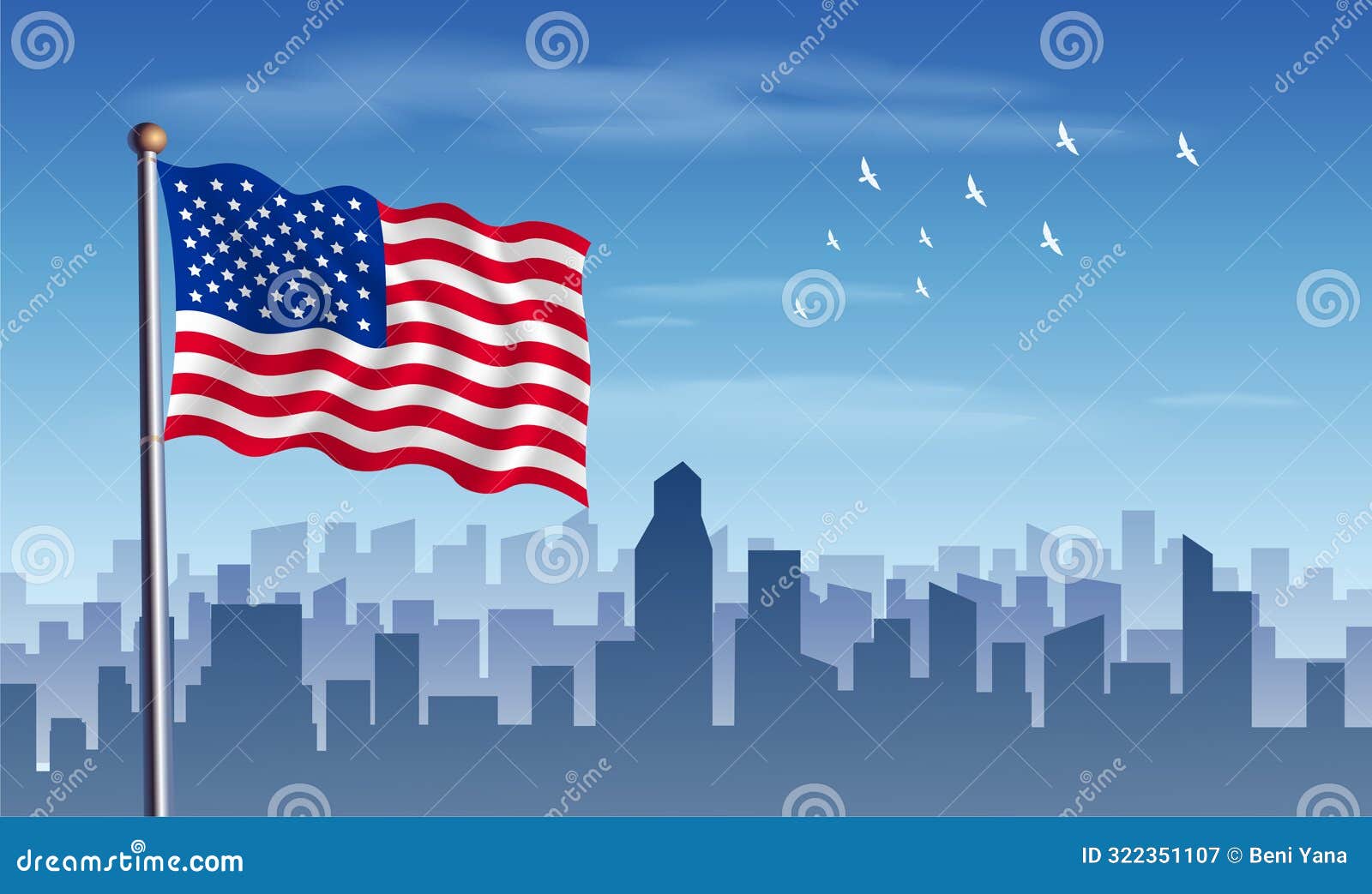 United States Flag with Building Silhouette and Sky Stock Vector ...