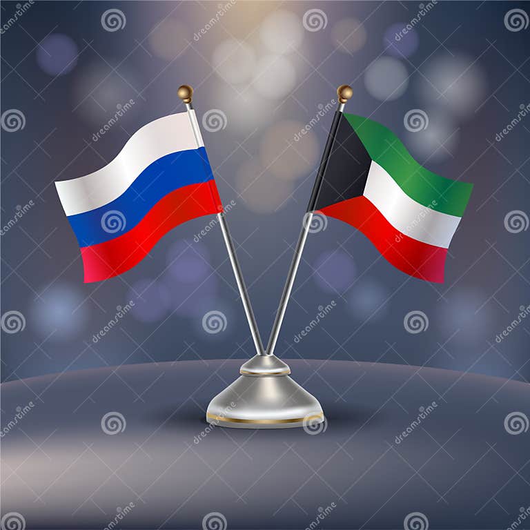 Russian Federation VS Kuwait Flag Relation in a Stand on Table. Vector ...