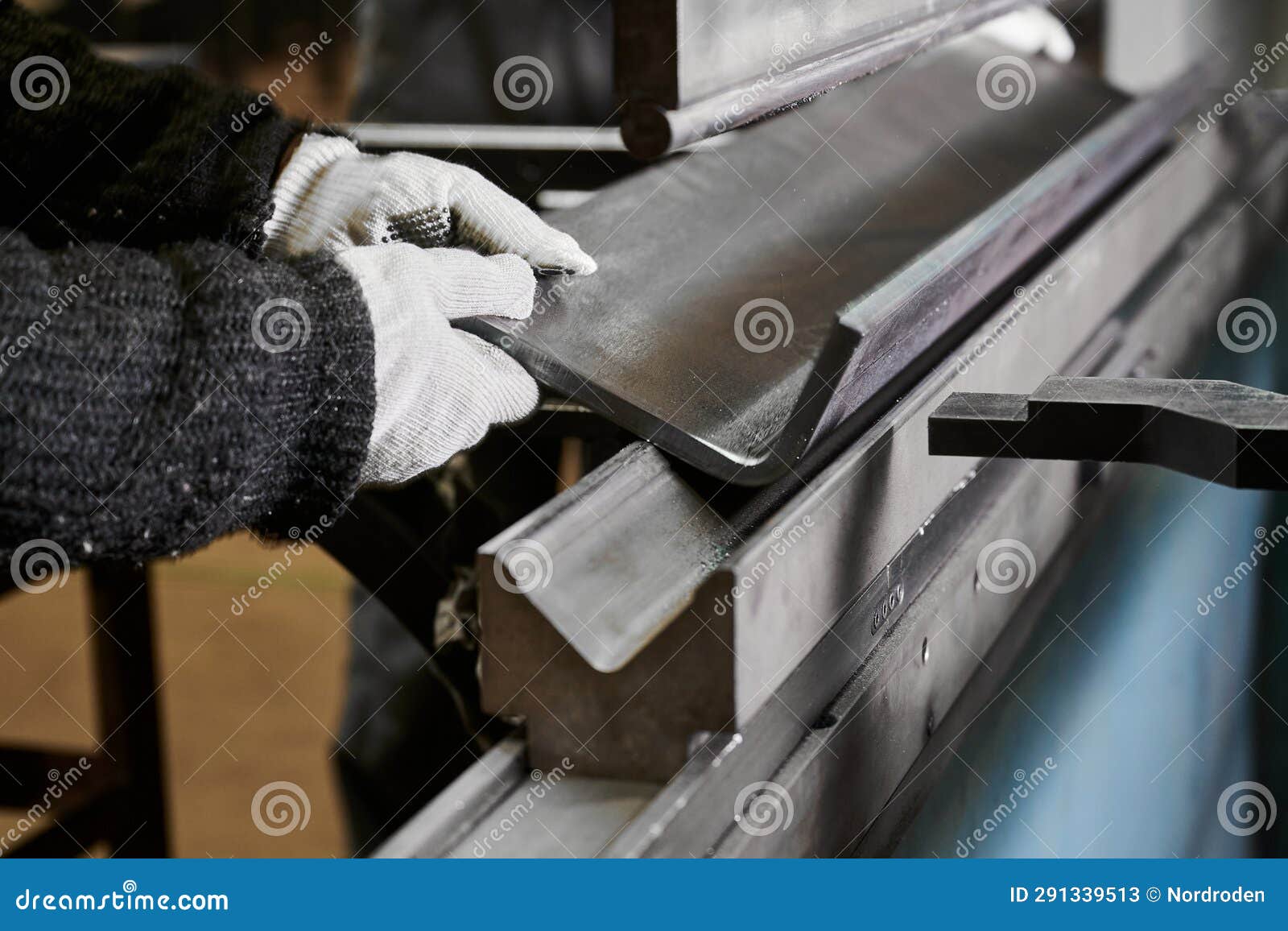 Bending Press Operates with Metal Sheet in Plant Workshop Stock Image ...