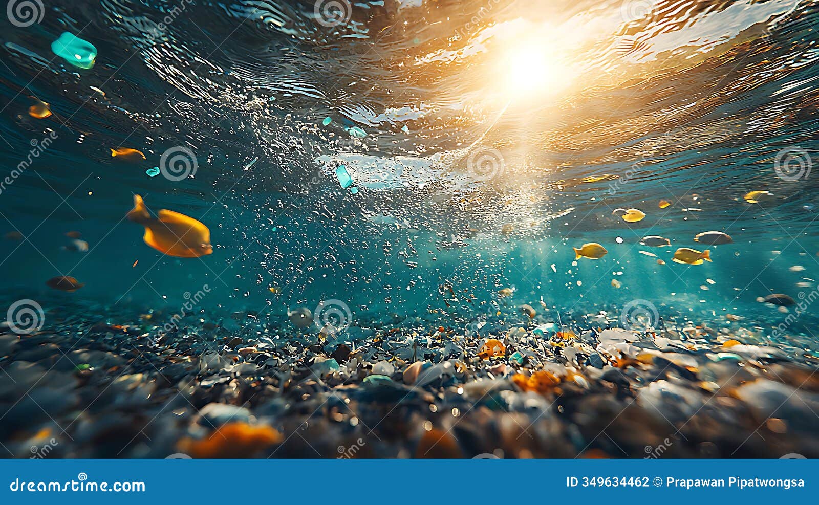 Beneath Surface, Colorful Fish Swim among Microplastics in Clear Water ...