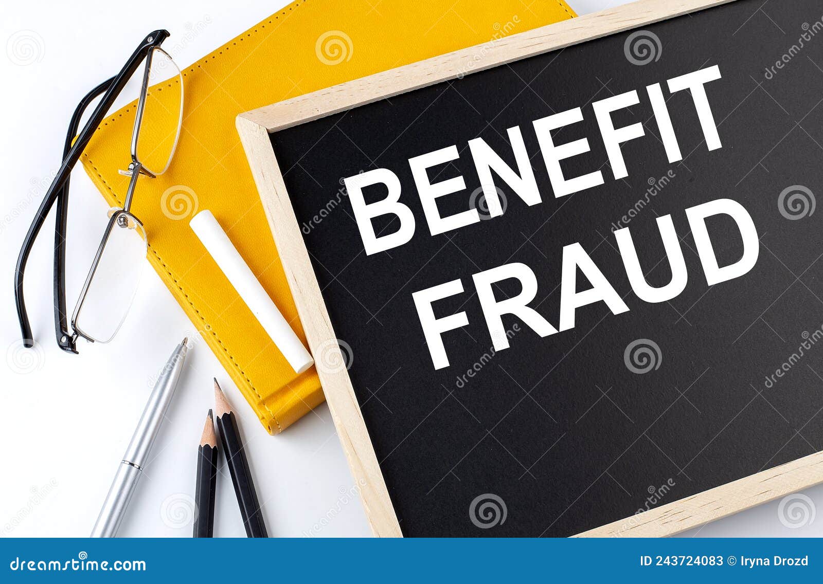 BENEFIT FRAUD Text on the Blackboard with Notepad , Pen, Pencil Stock ...