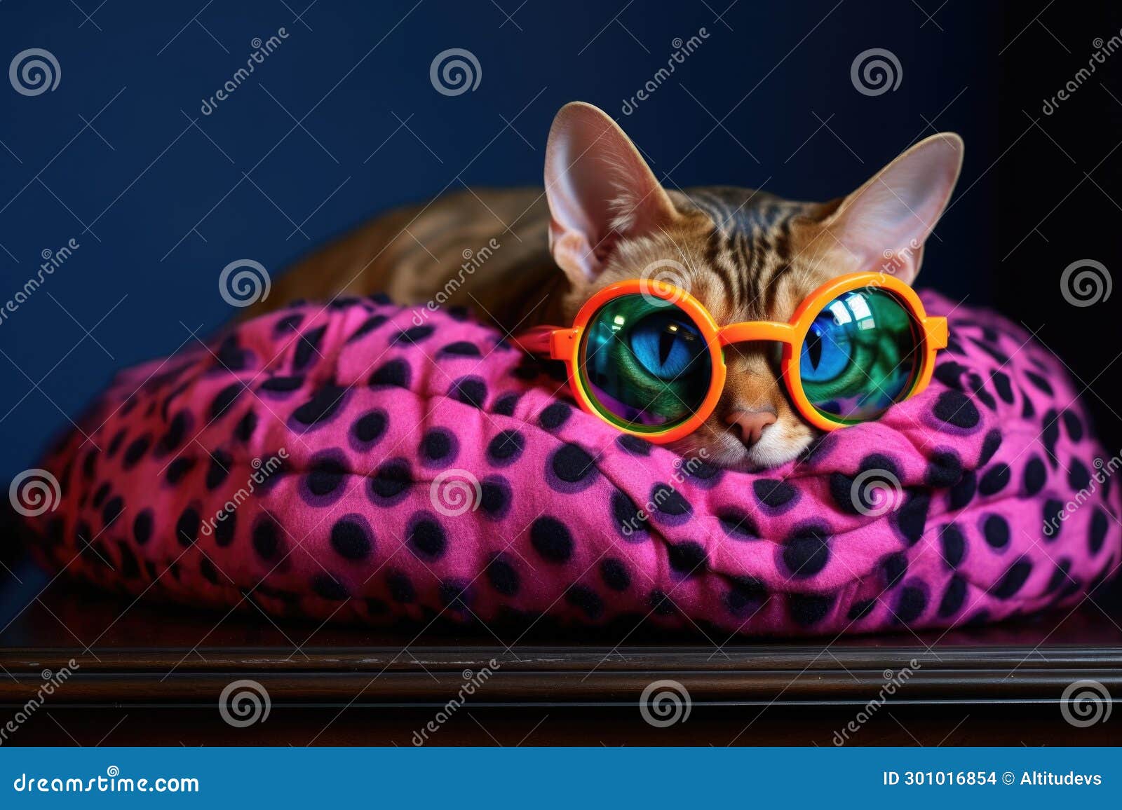 A Bengal Cat with a Neon Sleeping Mask, Curled Up in a Cozy Cat Bed ...
