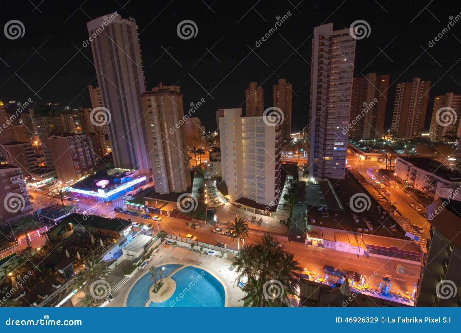Benidorm by night stock image. Image of swimmingpool - 46926329