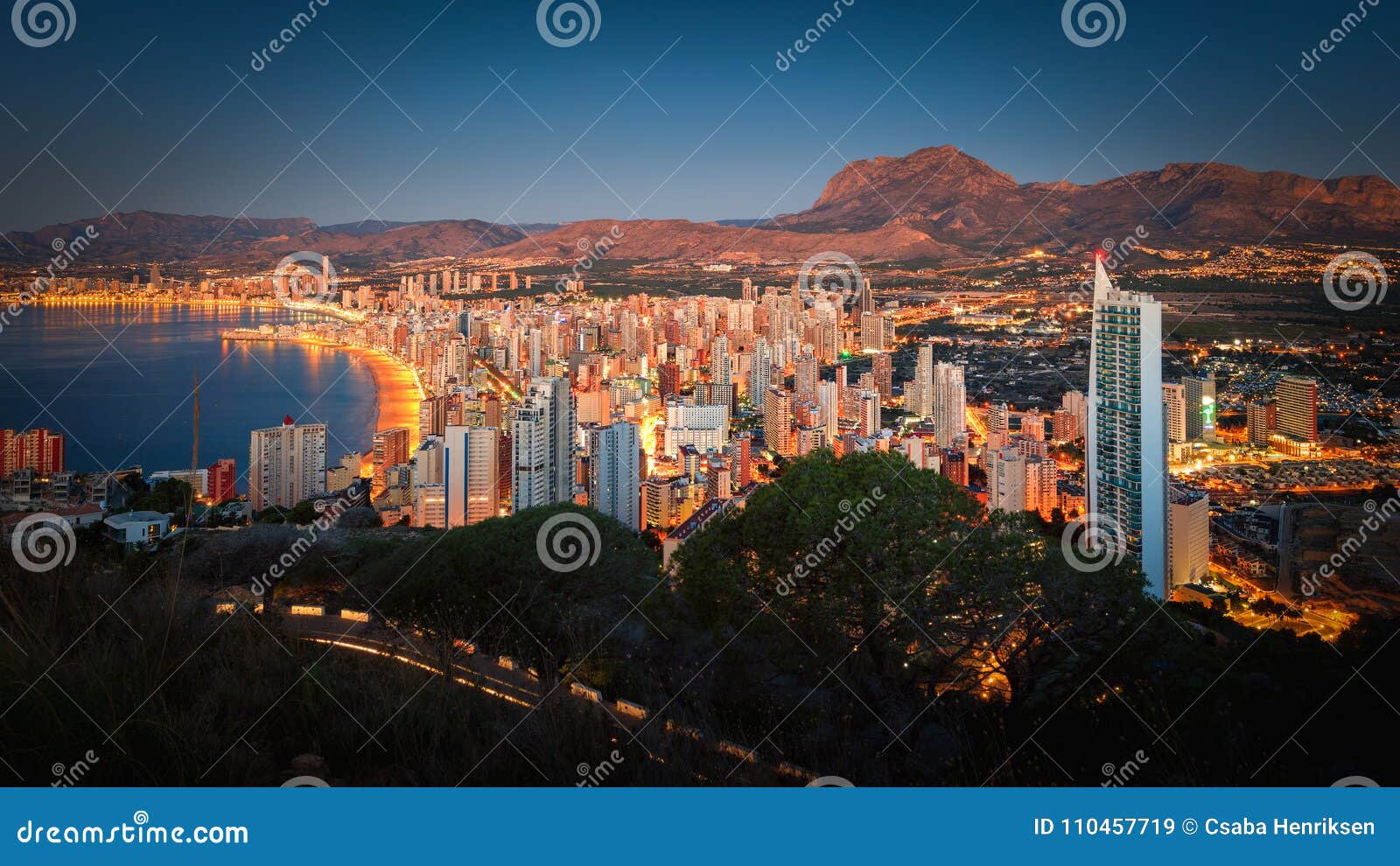 Benidorm at sunrise stock image. Image of europe, water - 110457719