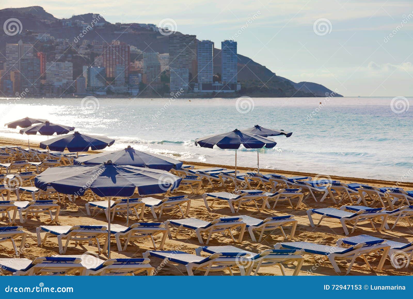Benidorm Sunrise with Hammocks and Parasol Stock Image - Image of ...