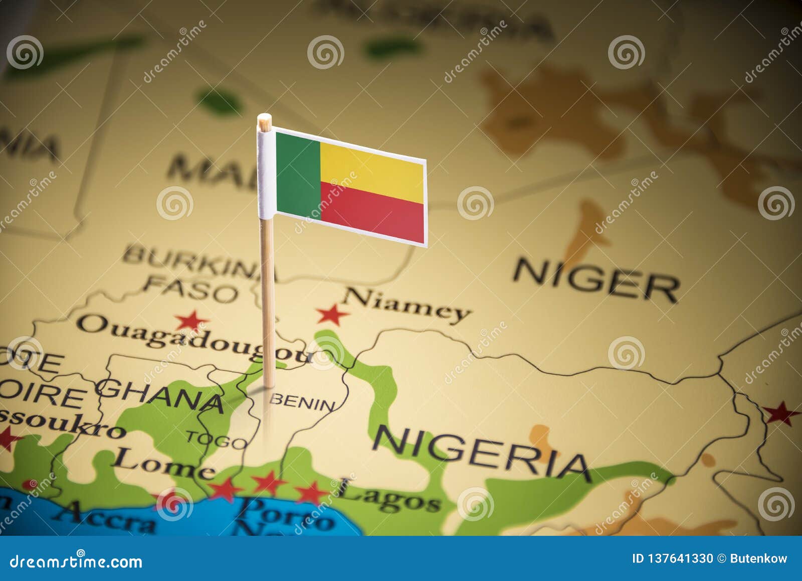 Benin Marked with a Flag on the Map Stock Photo - Image of landuage ... Benin Marked with a Flag on the Map Stock Photo - Image of landuage ...