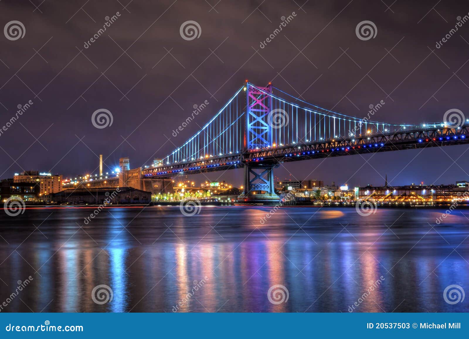 Benjamin Franklin Bridge at Night Stock Image - Image of river ...