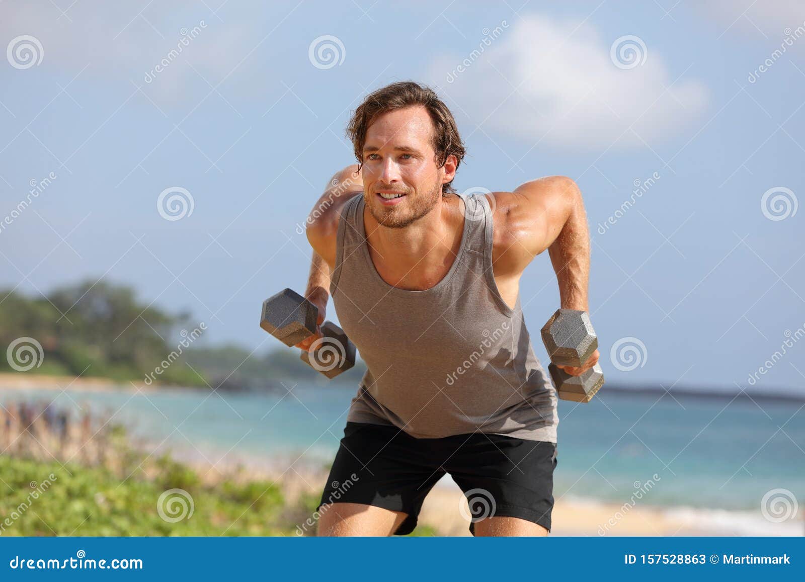 Bent Over Two Dumbbell Weight Row Exercise - Fitness Man Doing Standing ... Bent Over Two Dumbbell Weight Row Exercise - Fitness Man Doing Standing ...