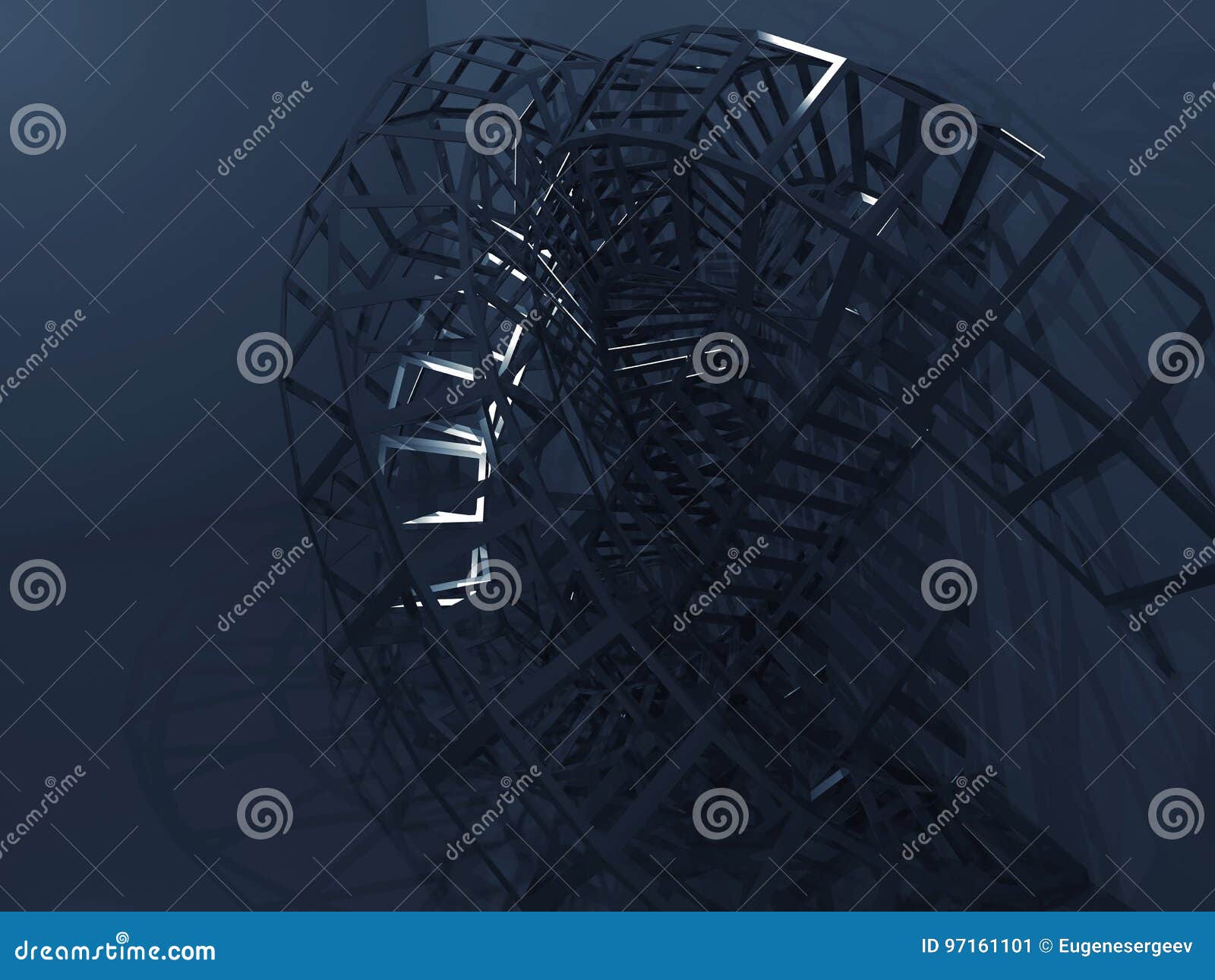 Bent Wire-frame Structure in Dark Room. 3d Render Stock Illustration ...