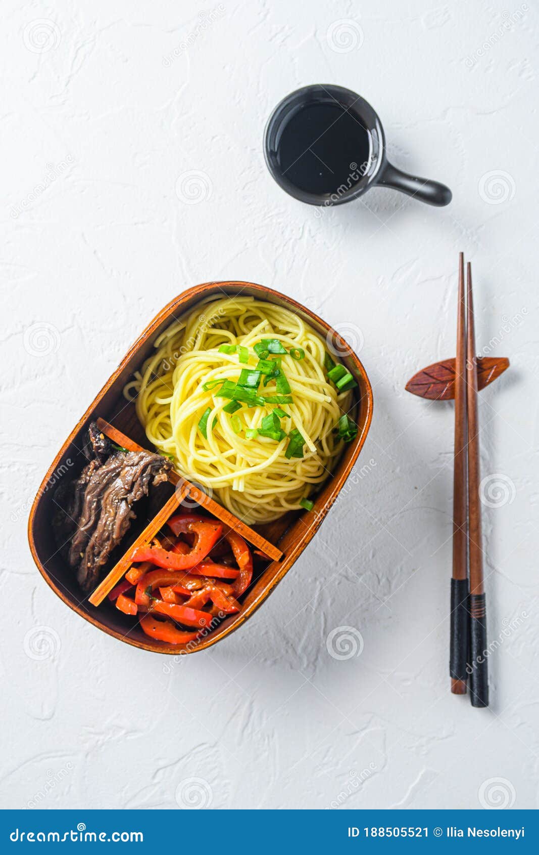 Bento Beef Noodles Lunch Box Top View on White Table Stock Image ...