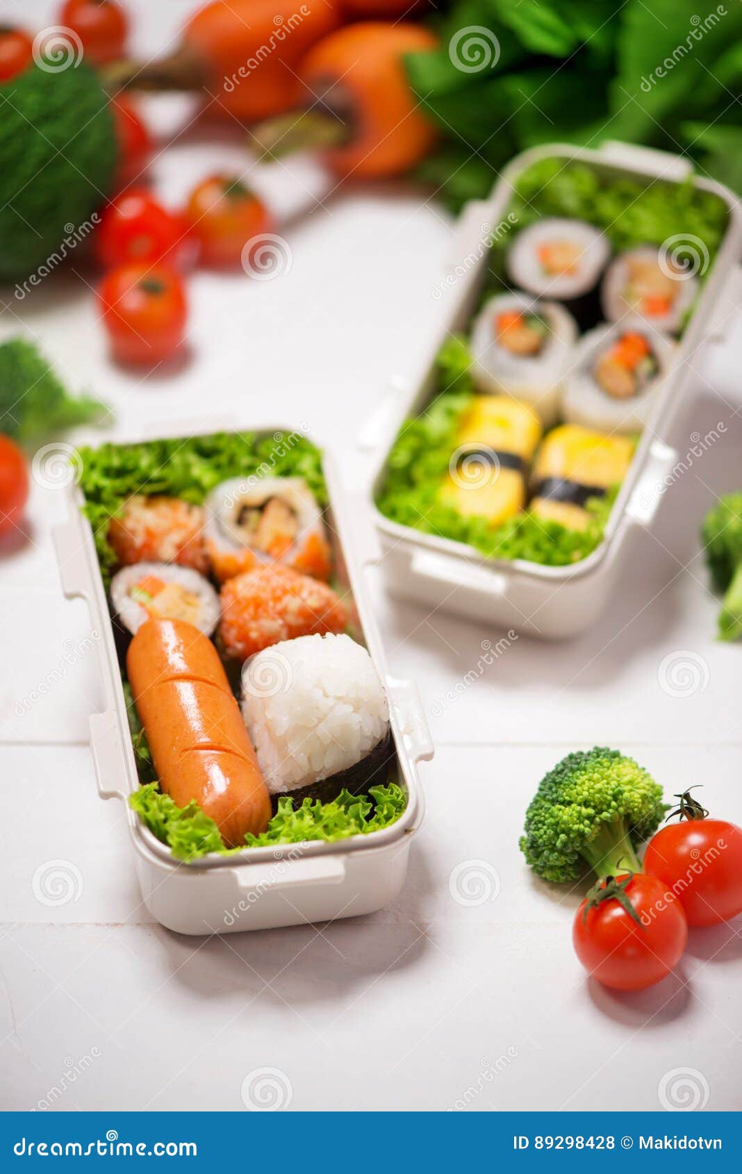 Bento Box with Different Food, Fresh Veggies and Fruits Stock Photo ...