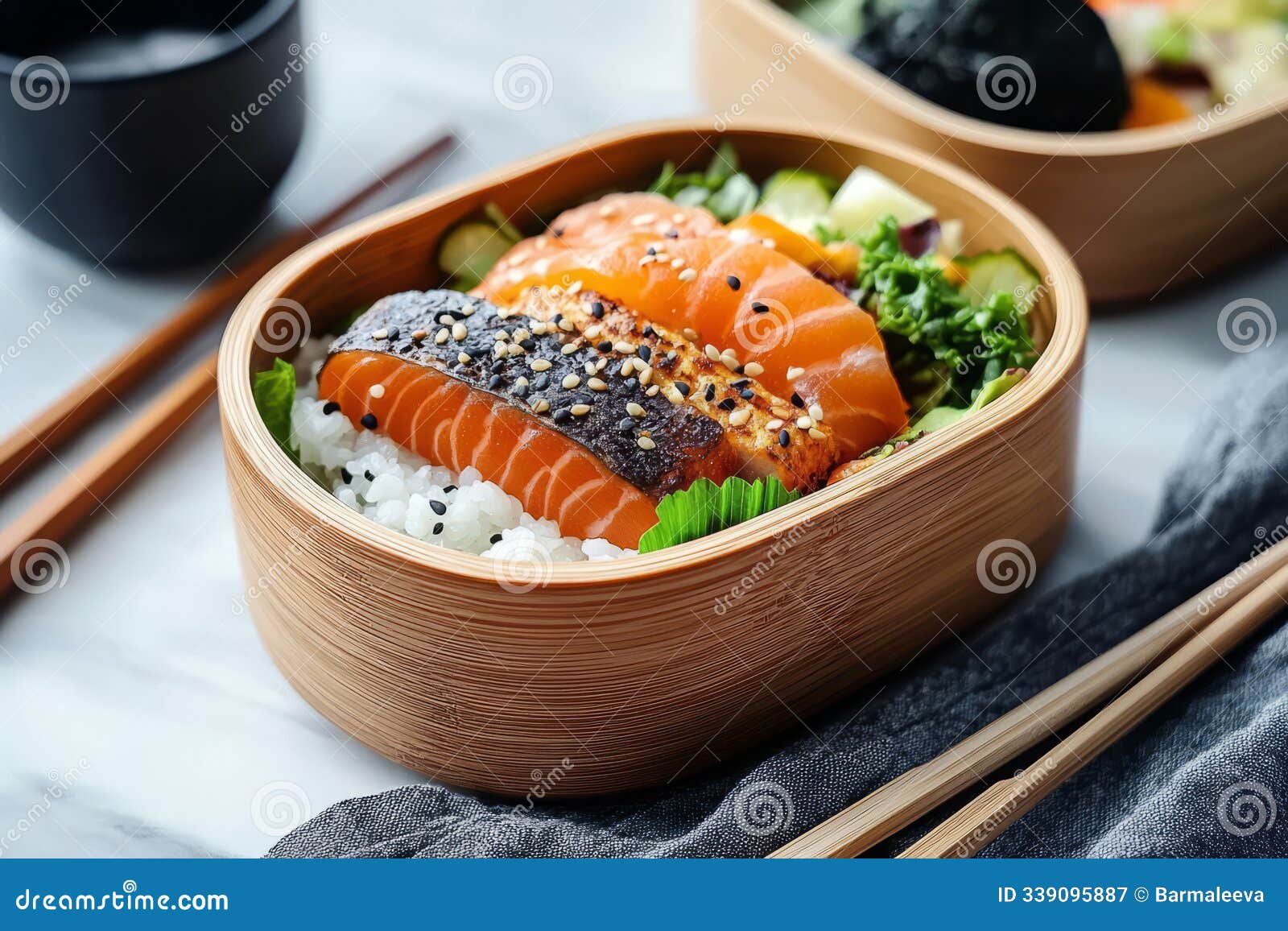 Bento Box with Fresh Sashimi, Rice, Salmon and Vegetables Stock Image ...