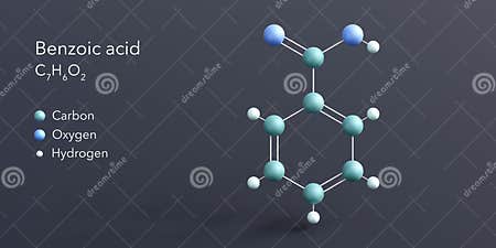 Benzoic Acid Molecule 3d Rendering, Flat Molecular Structure with Chemical Formula and Atoms ...