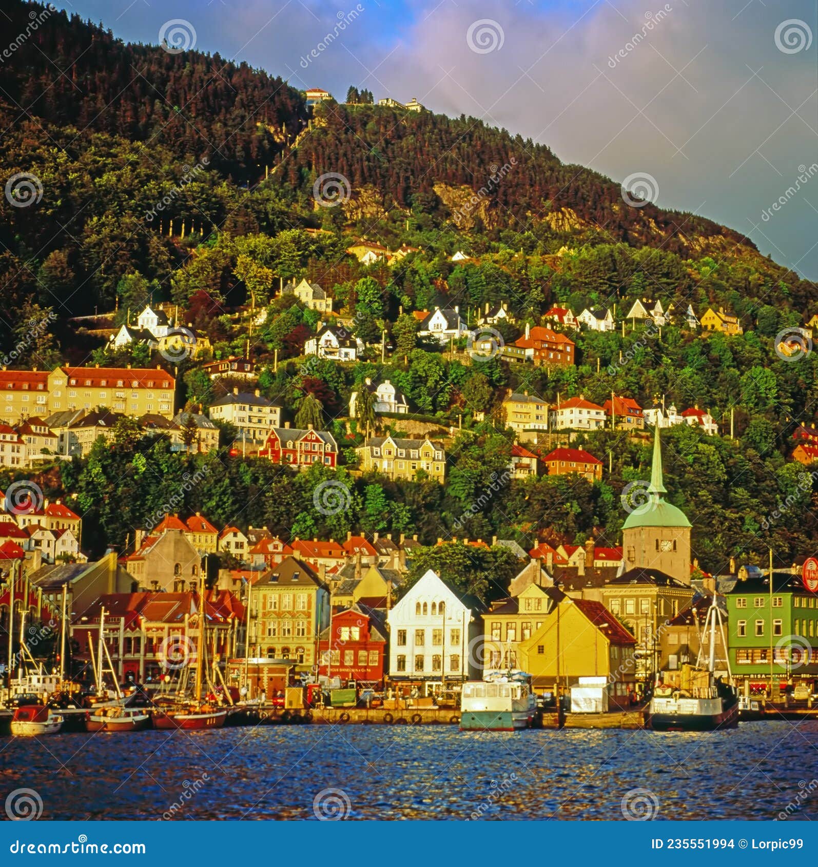 Harbor in Bergen, at Sunset, Norway Stock Photo - Image of ship, hill ...