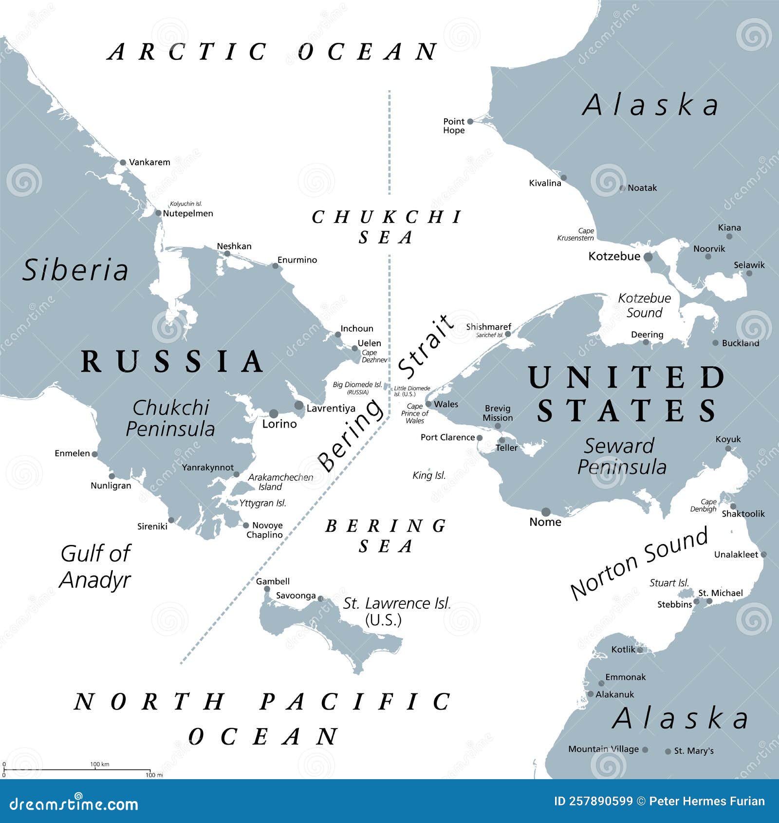 Bering Strait, Gray Political Map, Strait between Russia and United ...