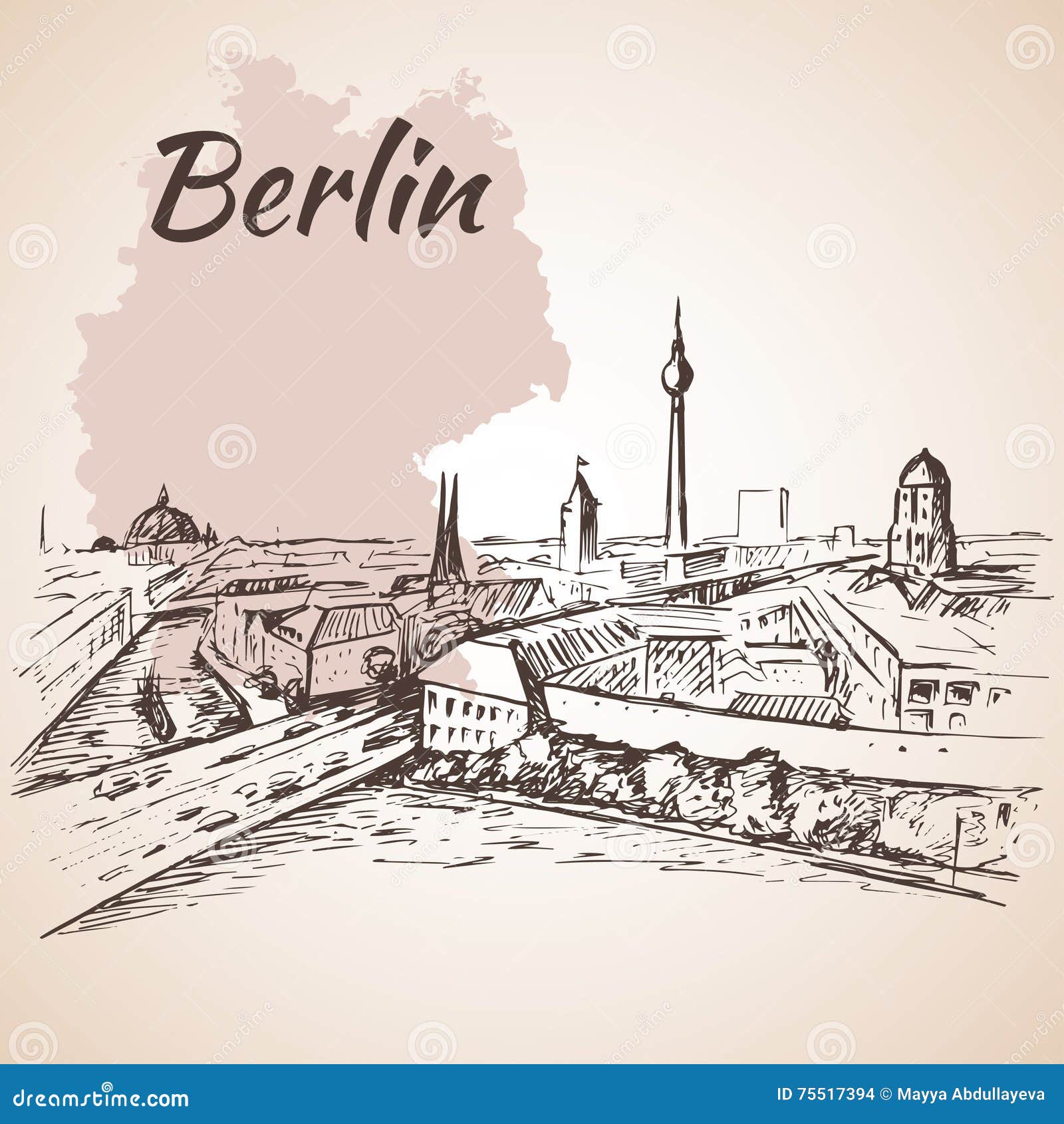 Berlin Cityscape with Germany Map Stock Vector - Illustration of street ...