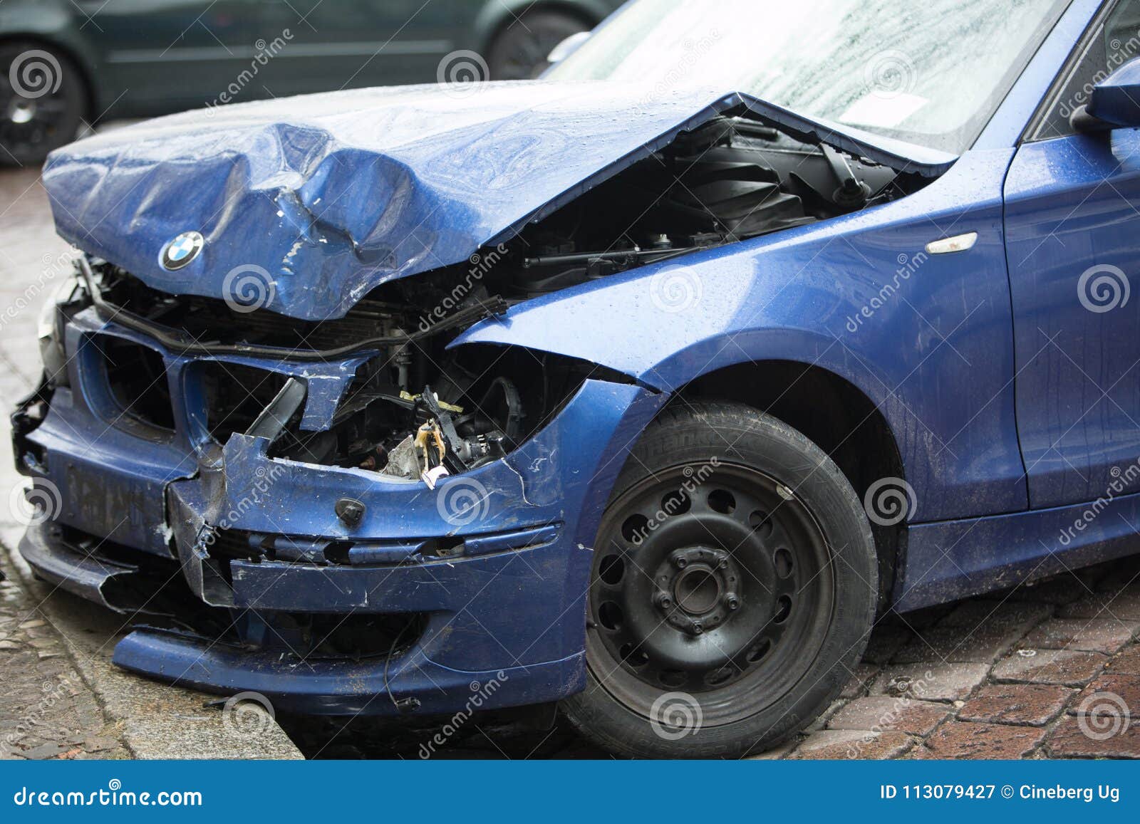 Crashed blue BMW car editorial photography. Image of bumper - 113079427