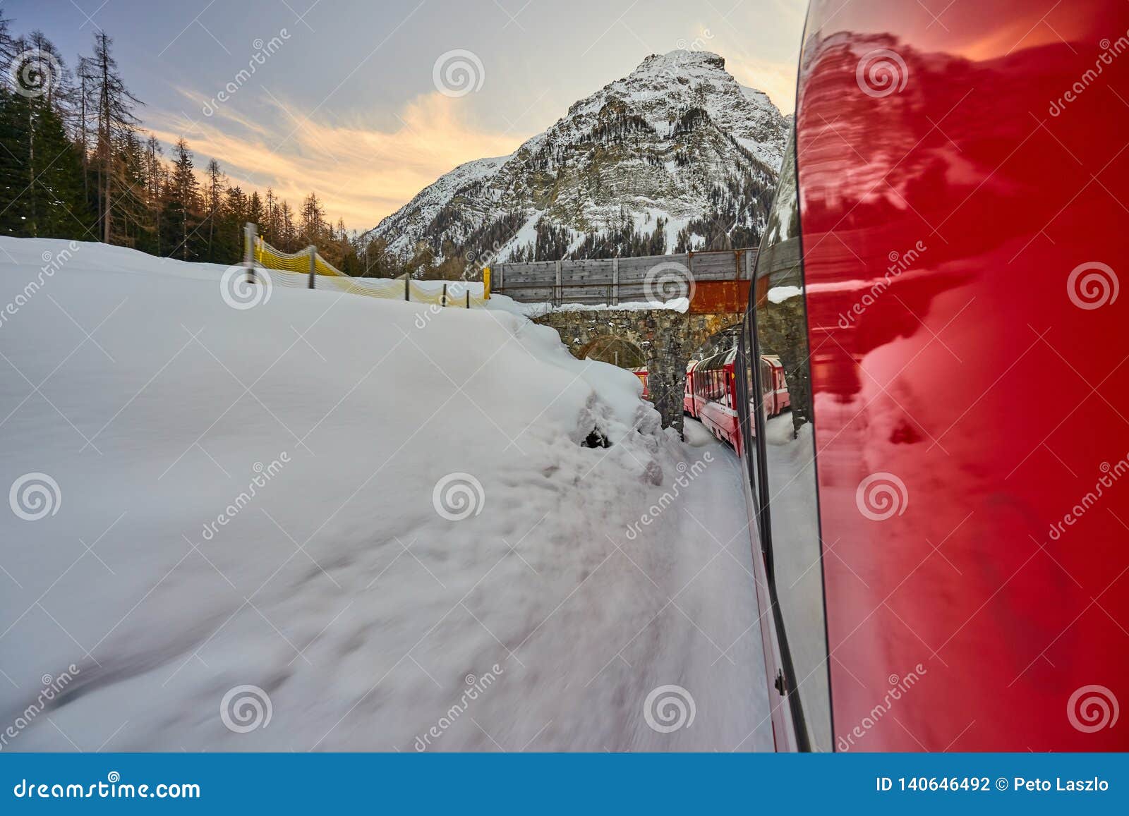 The Bernina Express Red Train through the Alps Stock Photo - Image of ...