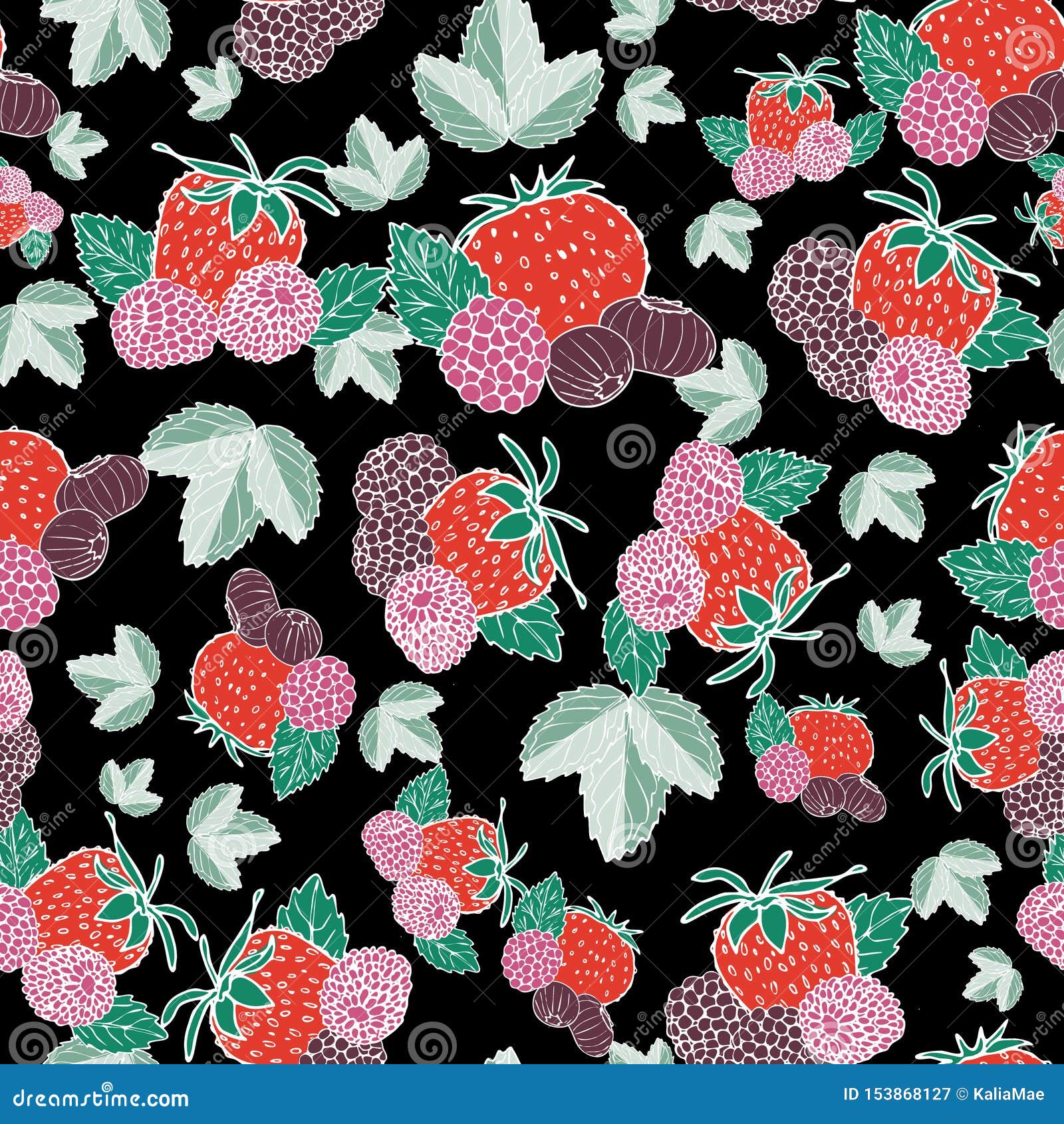 Berries and Leaves on Black Seamless Vector Pattern Background Stock ...