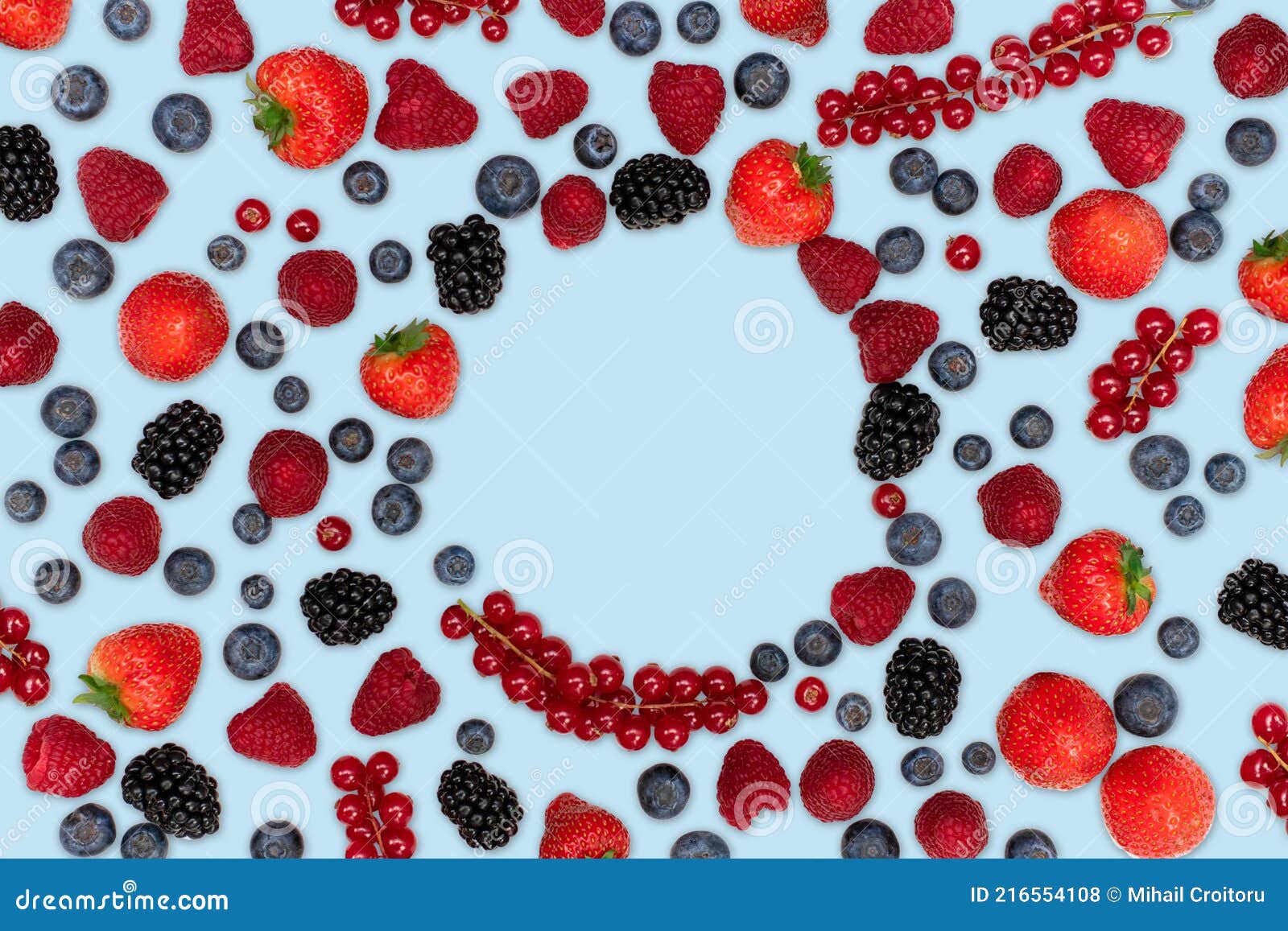 Berries Pattern Isolated on Light Blue. Strawberries, Raspberries ...