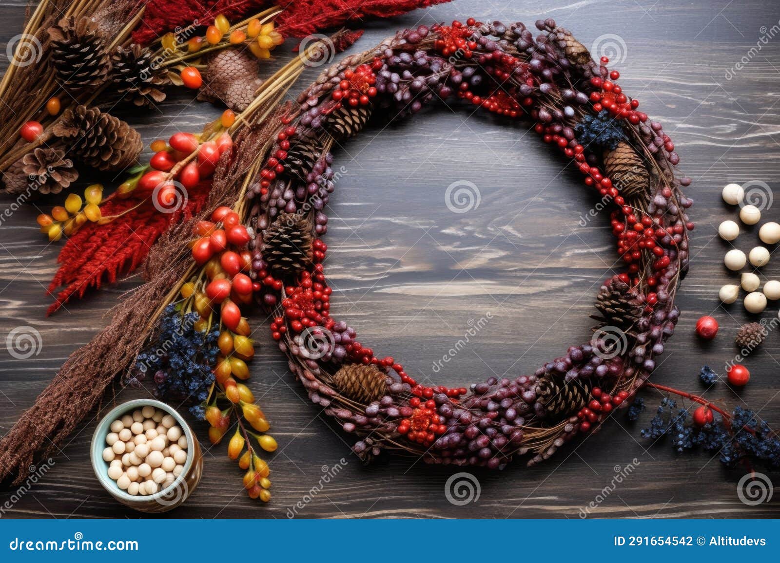 Berries and Pine Cones Scattered Around an Unfinished Solstice Wreath ...