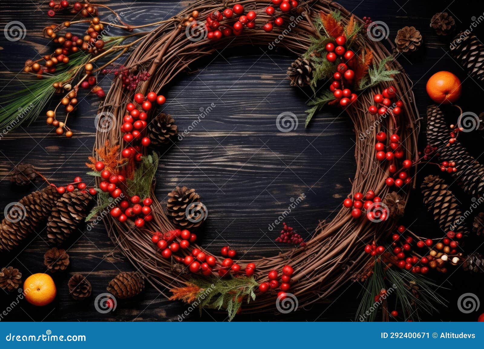 Berries and Pine Cones Scattered Around an Unfinished Solstice Wreath ...