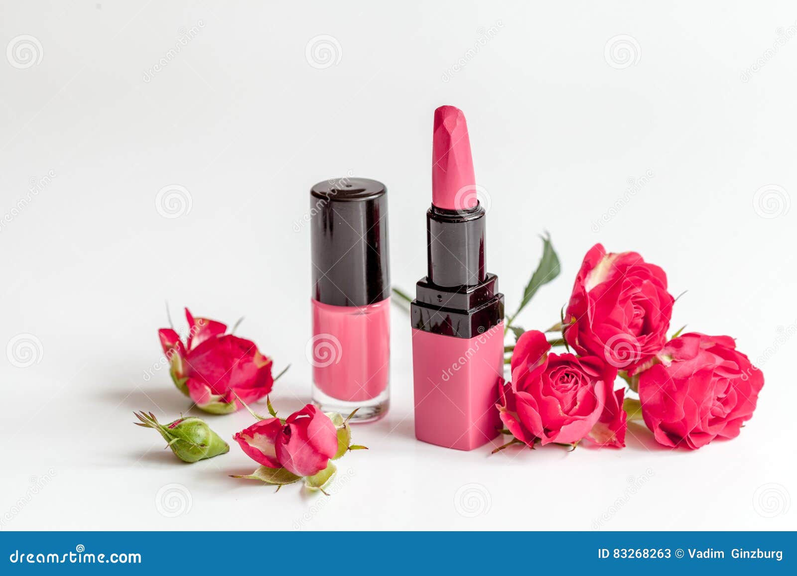 Berry Color Decorative Cosmetics with Roses White Background Close Up ...