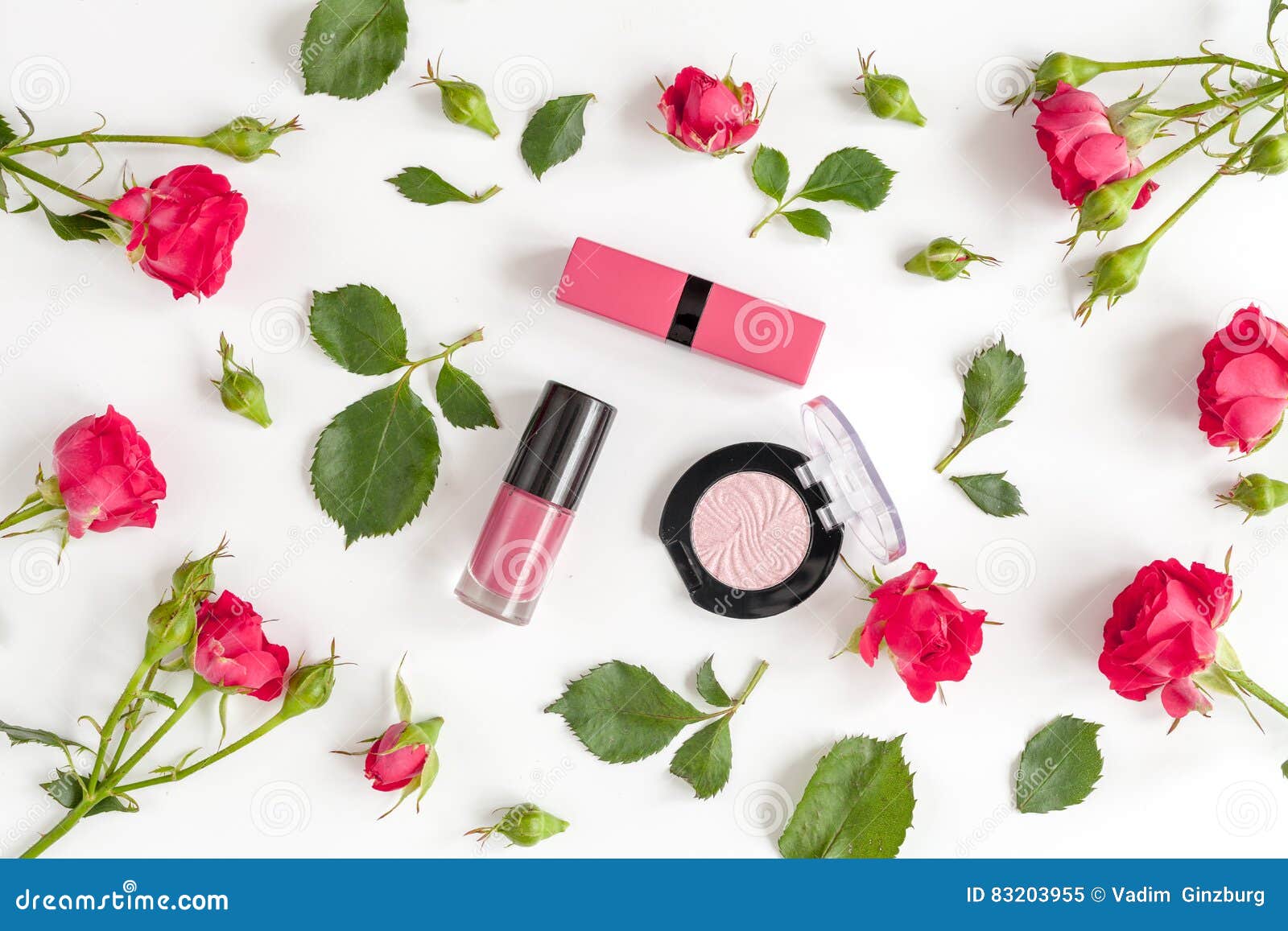 Berry Color Decorative Cosmetics with Roses White Background Top View ...