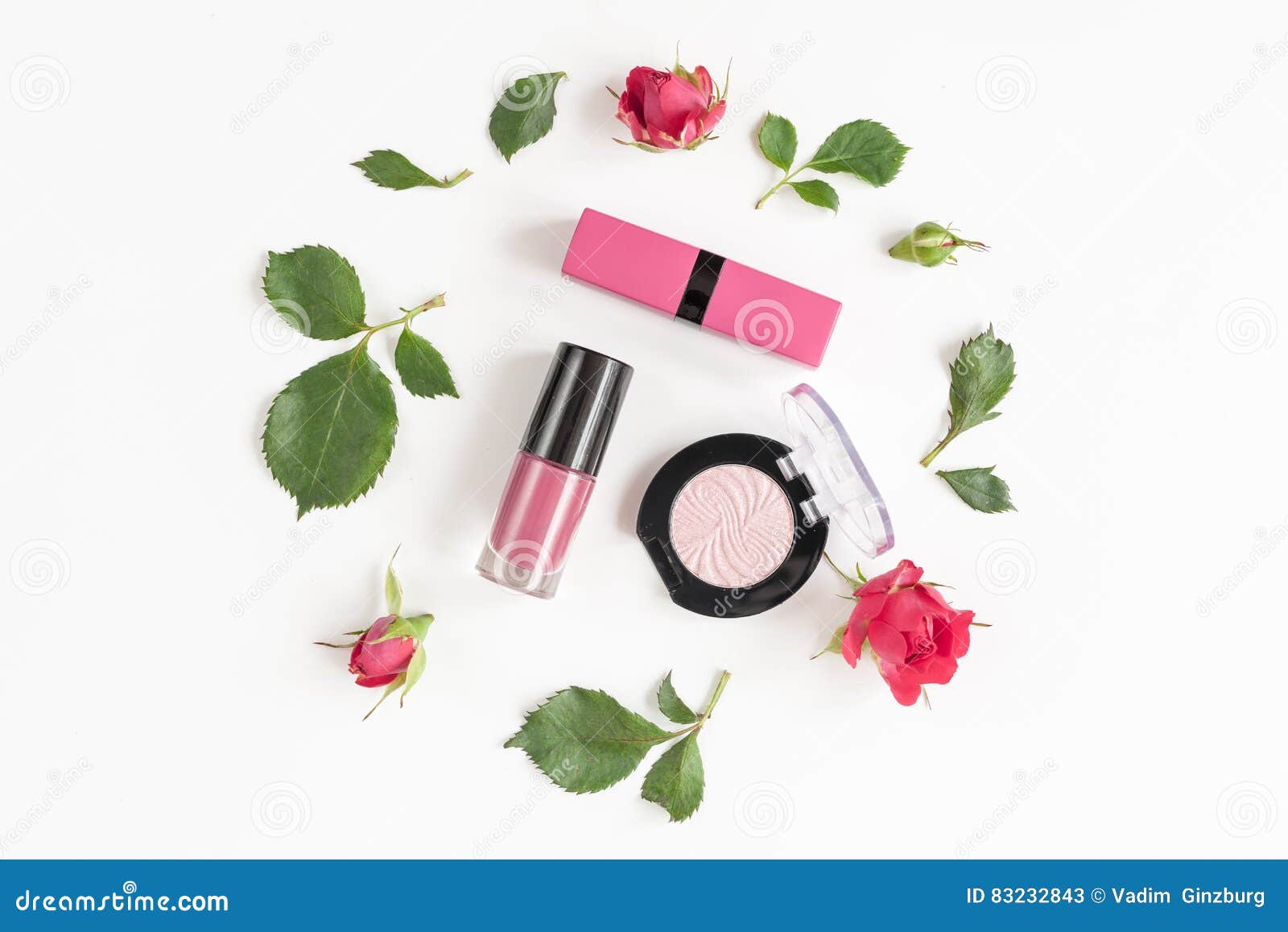 Berry Color Decorative Cosmetics with Roses White Background Top View ...