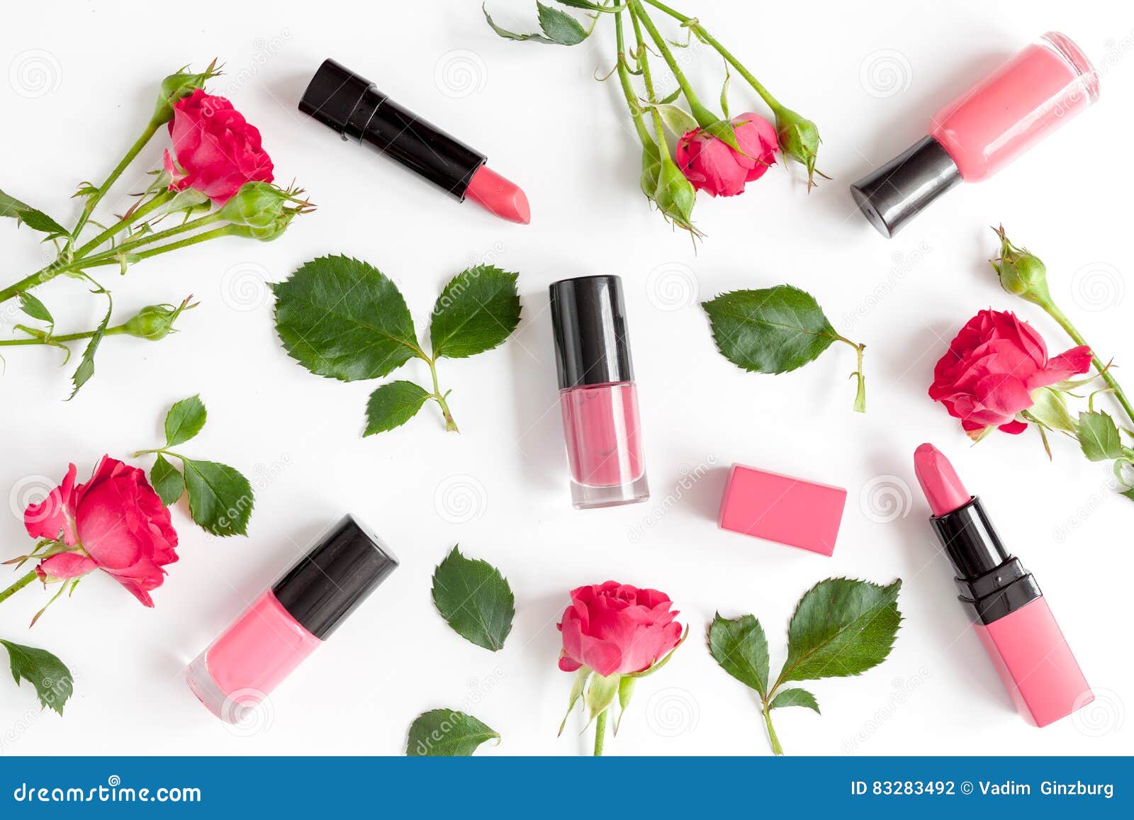 Berry Color Decorative Cosmetics with Roses White Background Top View ...