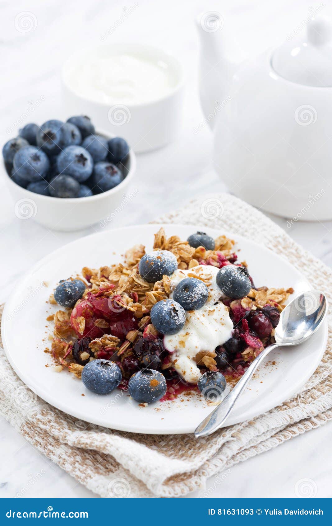 Berry Crumble with Oat Flakes on a Plate, Vertical Stock Image - Image ...