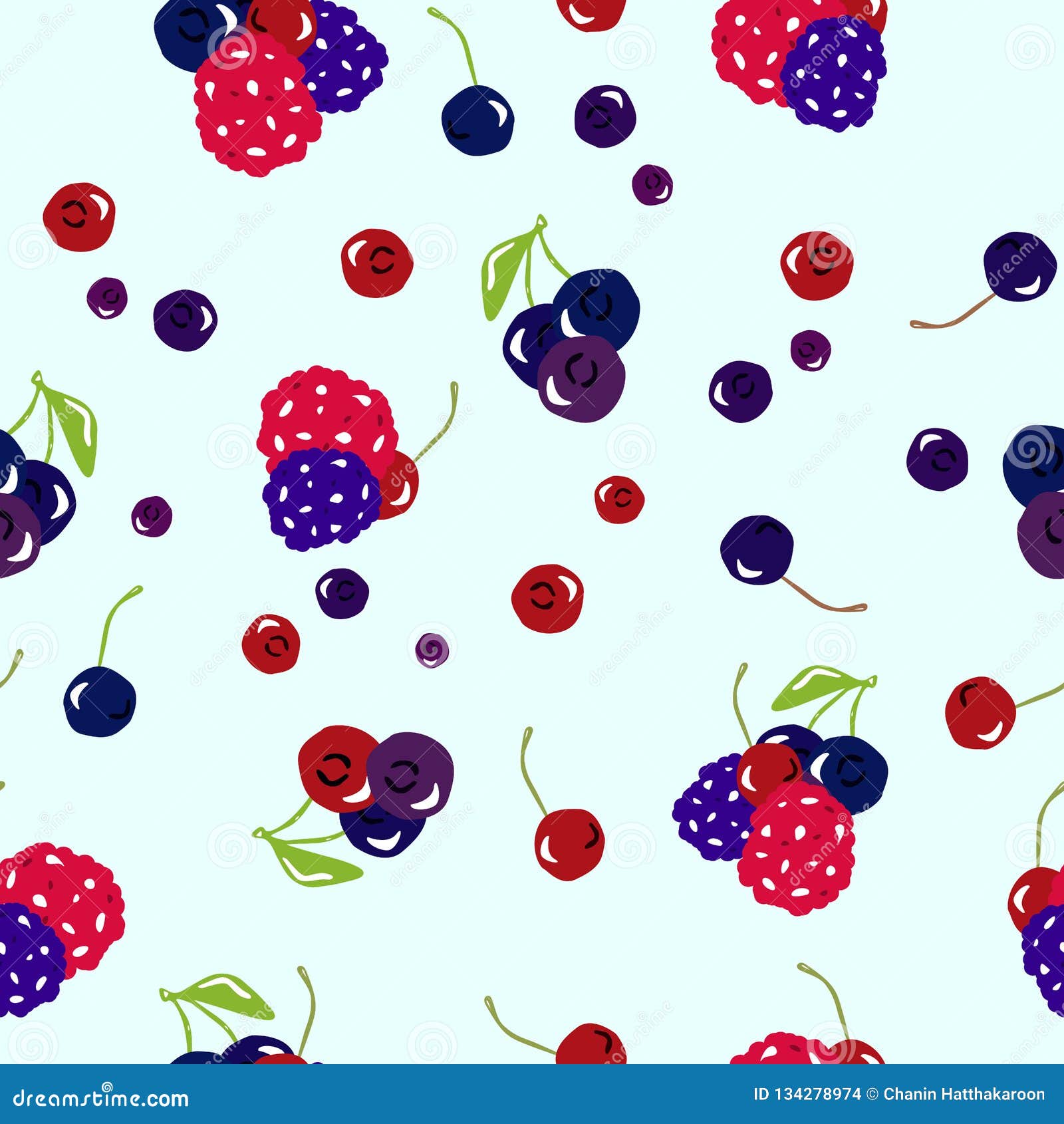 Berry Fresh Vector Seamless Pattern on Light Blue Abstract Background ...