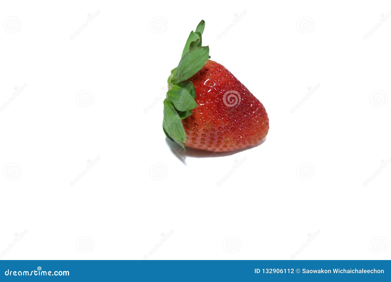 A Single Fresh Strawberry with Leaves on White Isolated Background ...