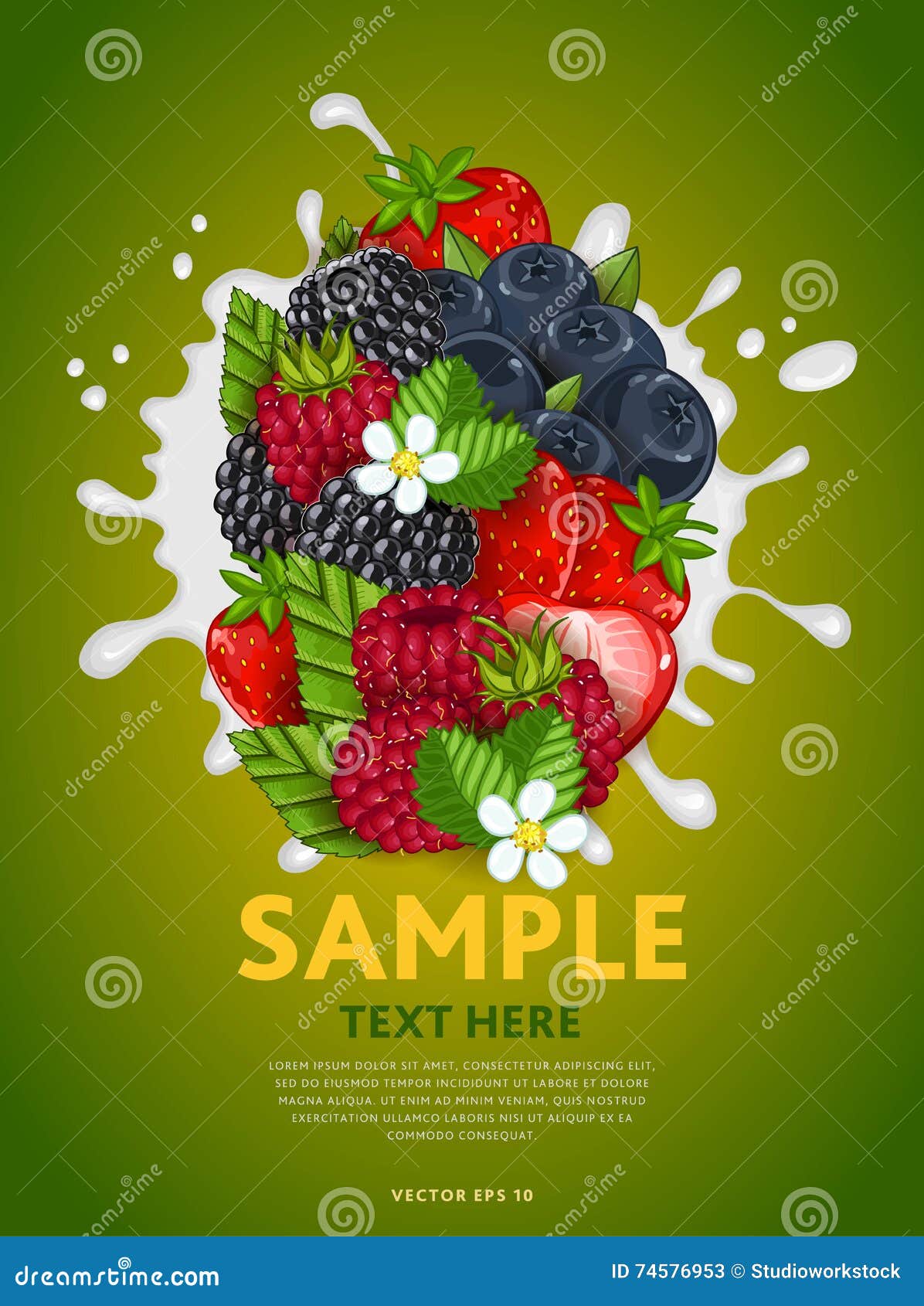 Berry mix on milk splash stock vector. Illustration of flowing - 74576953