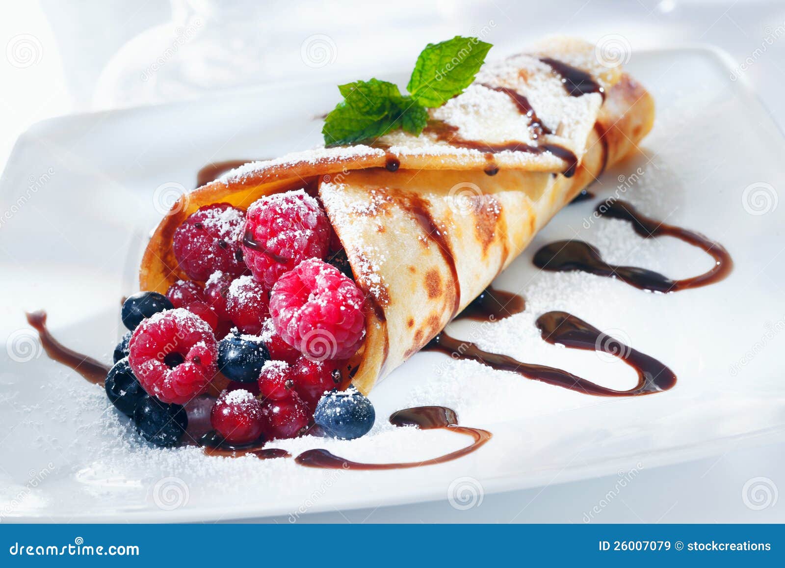 Berry Pancake Drizzled with Chocolate Stock Image - Image of berries ...