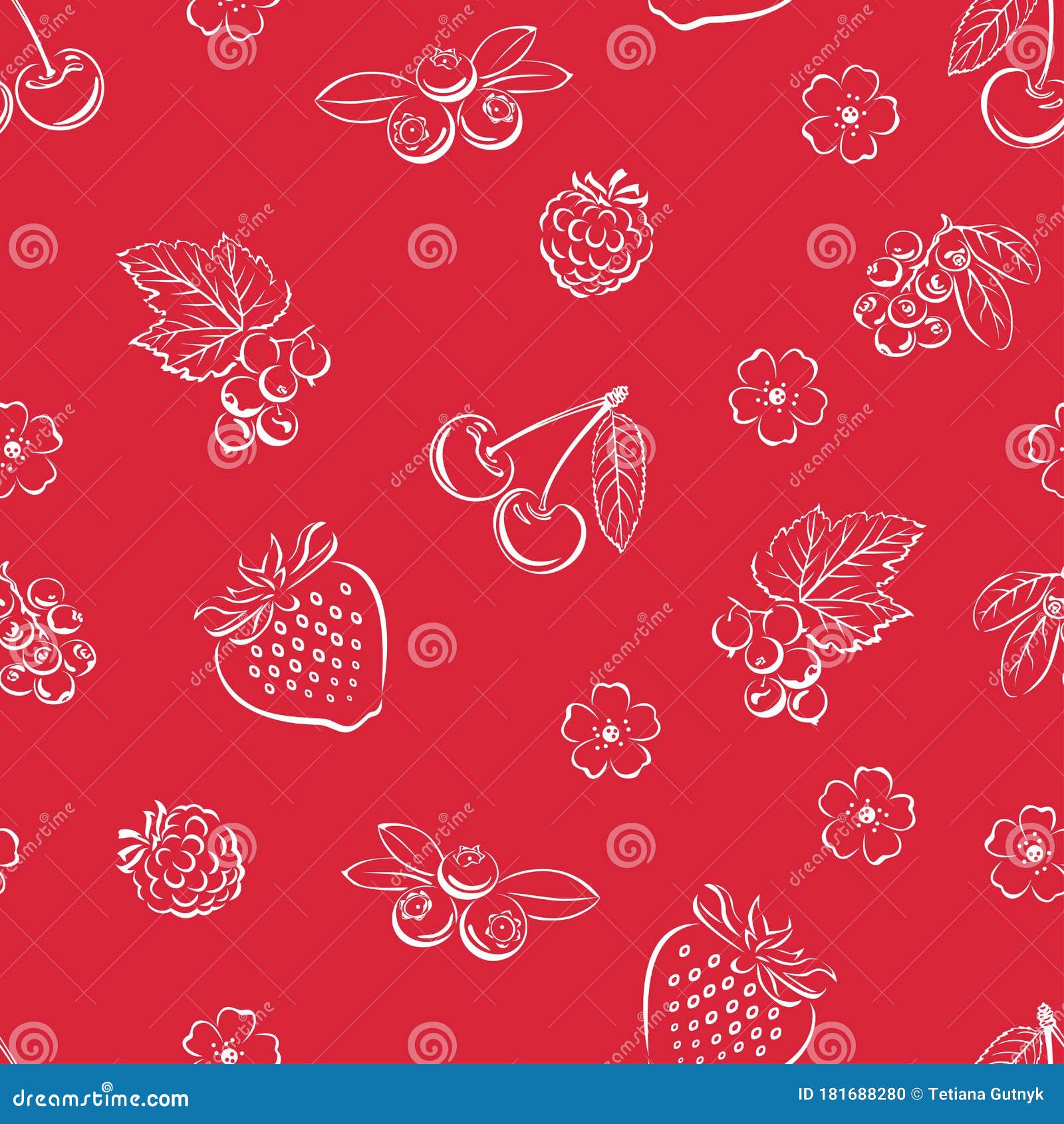 Berry Seamless Pattern. Fruit Red Background. Outline of Raspberry ...