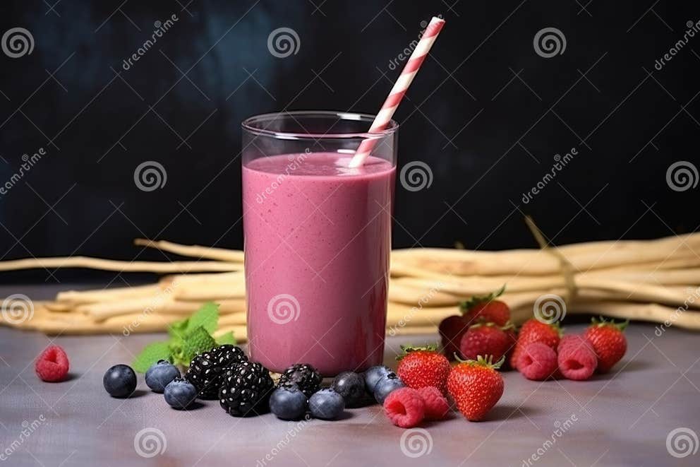 Berry Smoothie with a Bamboo Straw on a Stone Table Stock Photo - Image ...
