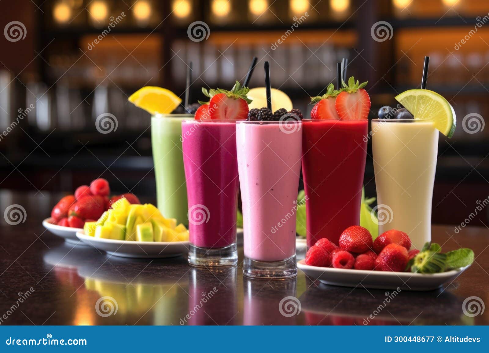 Berry Smoothie on a Bar Counter with Other Drinks Stock Image - Image ...