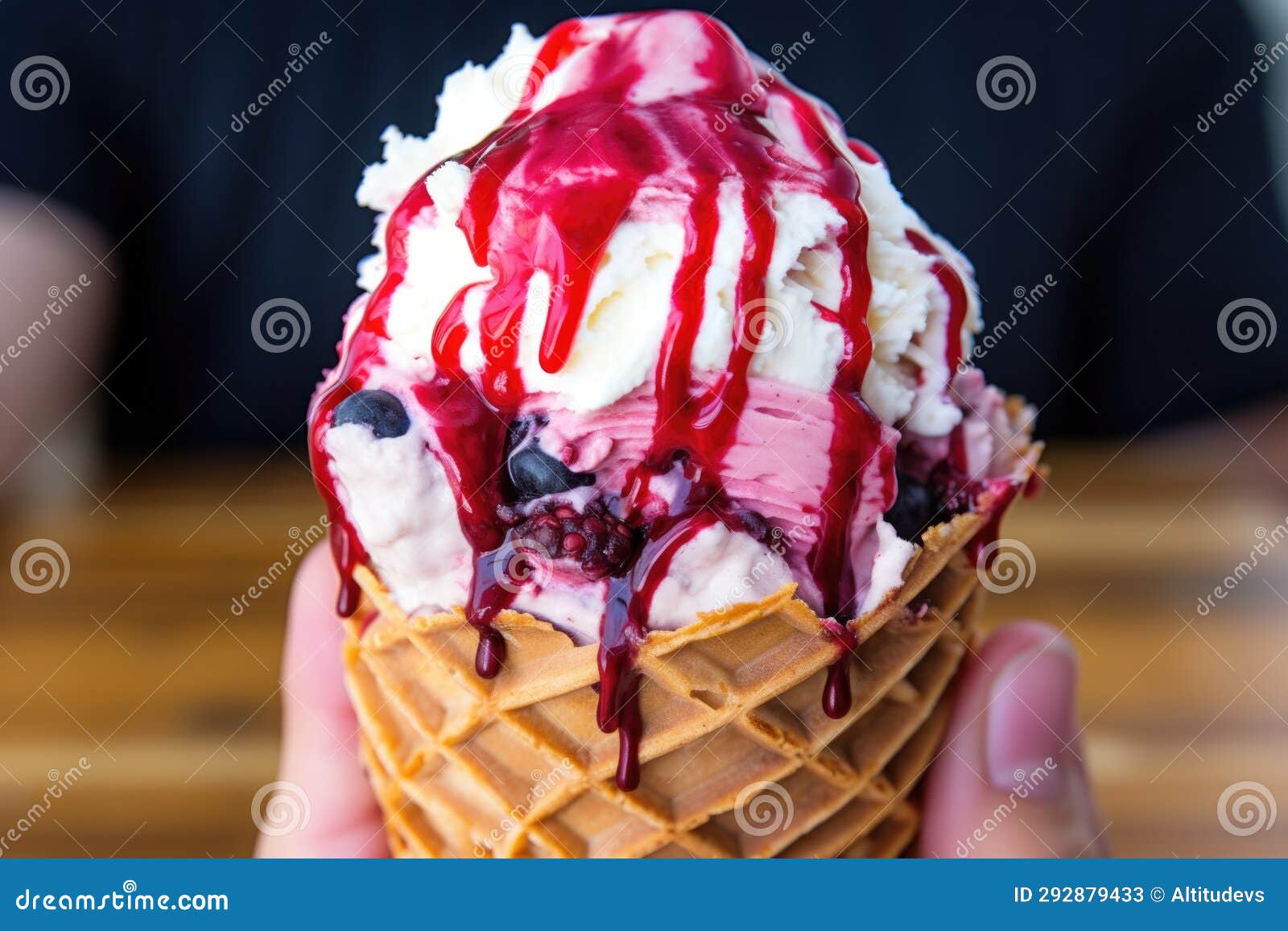 Berry Swirl Frozen Yogurt in a Waffle Cone Stock Image - Image of ...