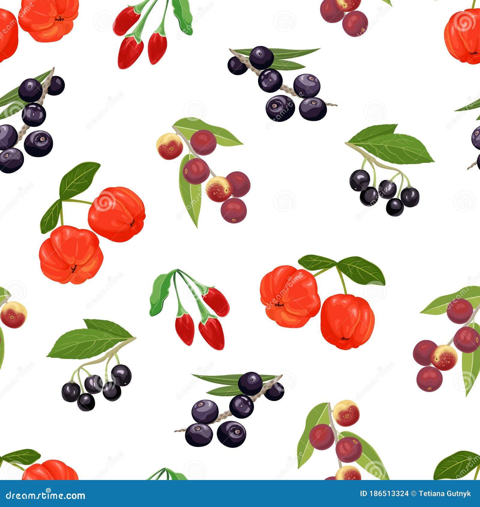 Tropical Berry Seamless Pattern. Acerola, Maqui Berry, Acai, Goji and ...