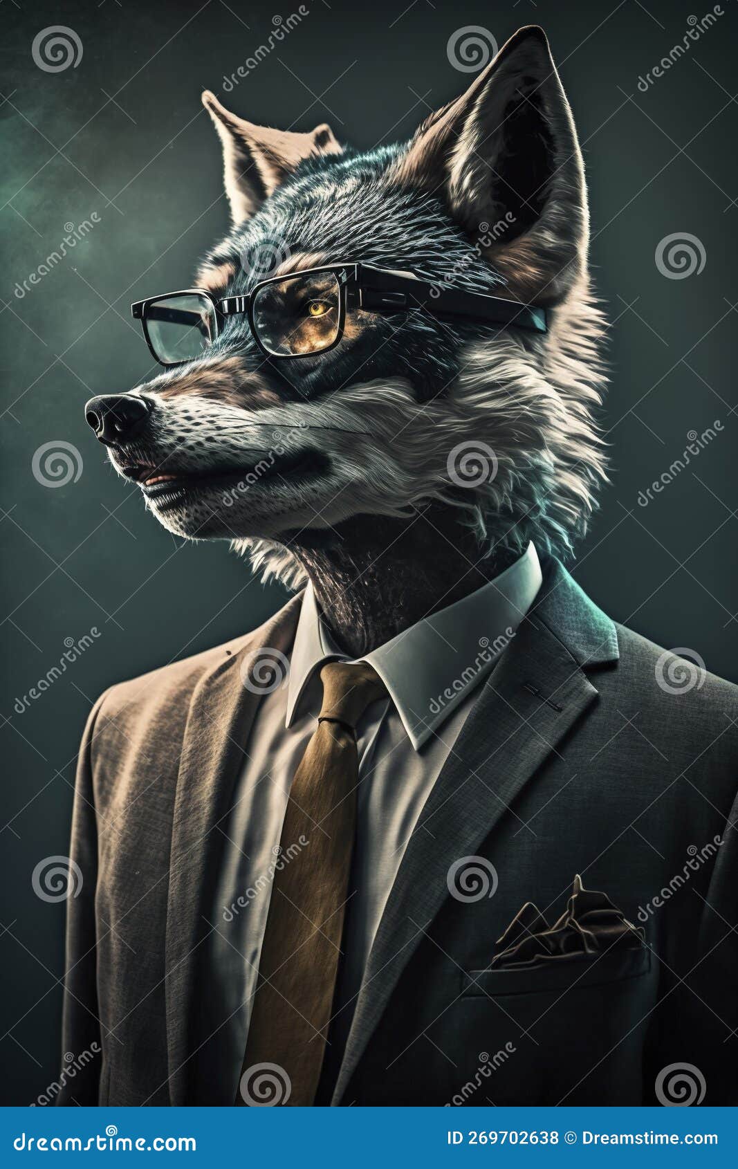 Bespectacled Wolf Wearing A Suit On A Dark Background Royalty-Free ...