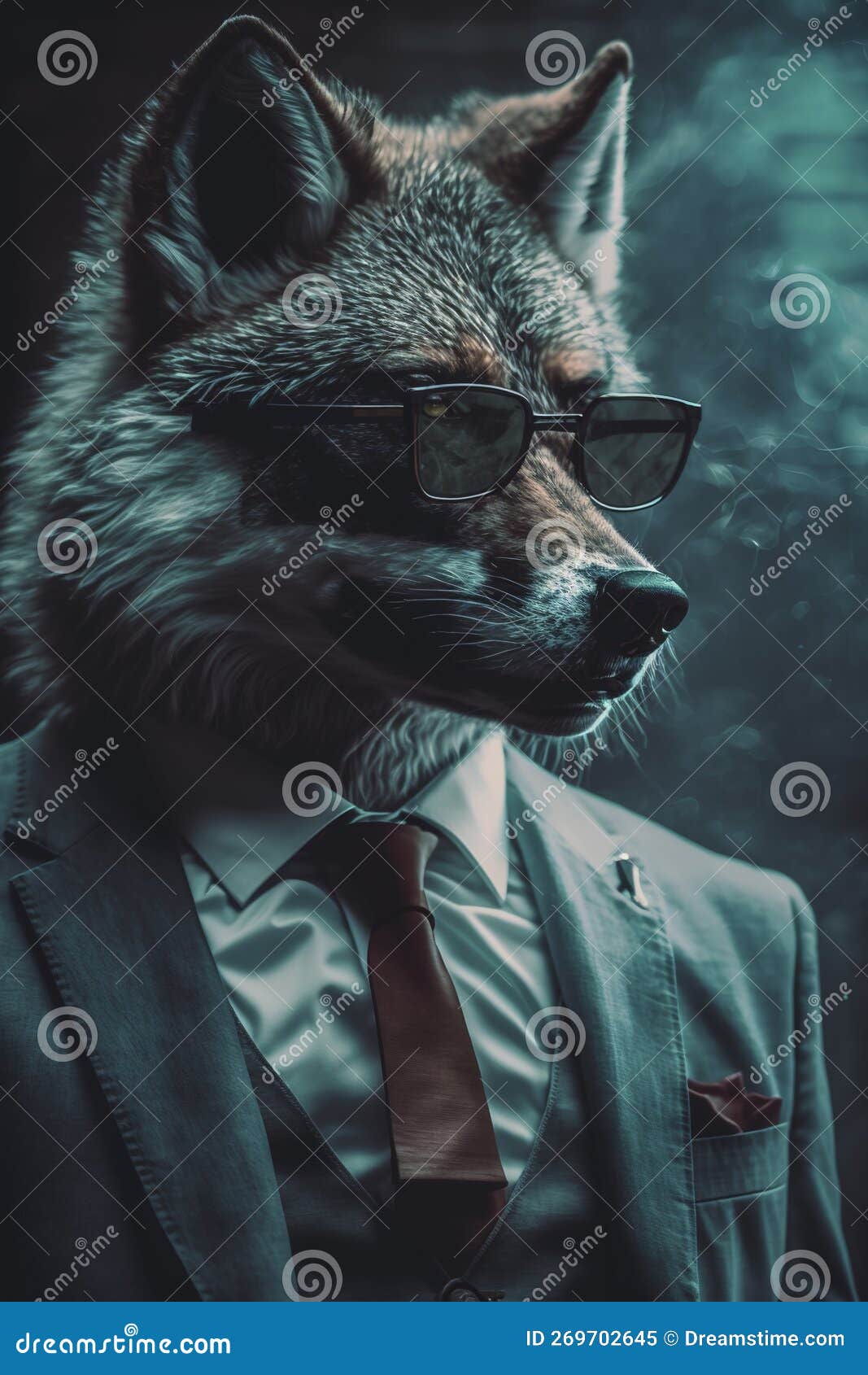 Bespectacled Wolf Wearing A Suit On A Dark Background Royalty-Free ...