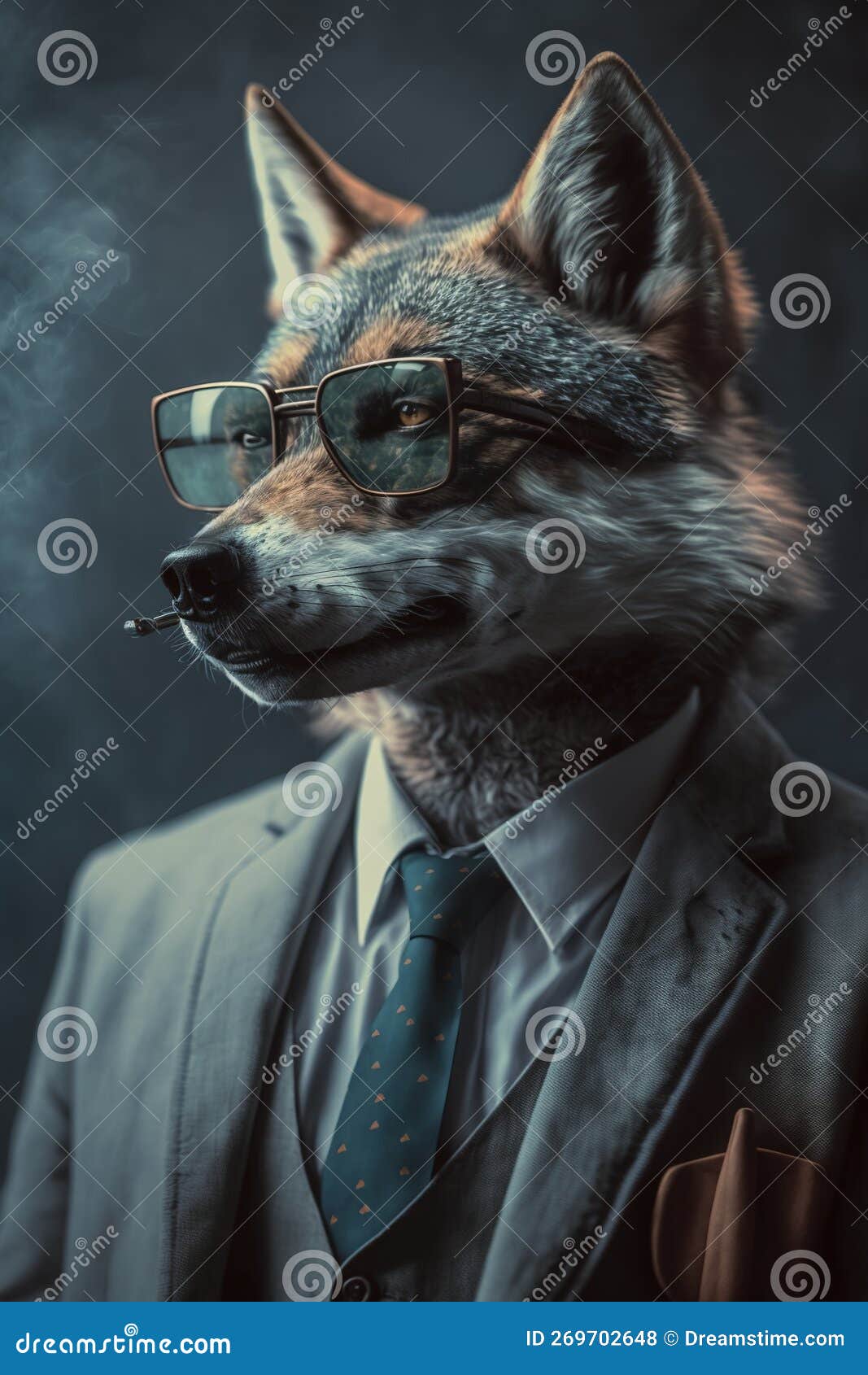 Bespectacled Wolf Wearing A Suit On A Dark Background Royalty-Free ...