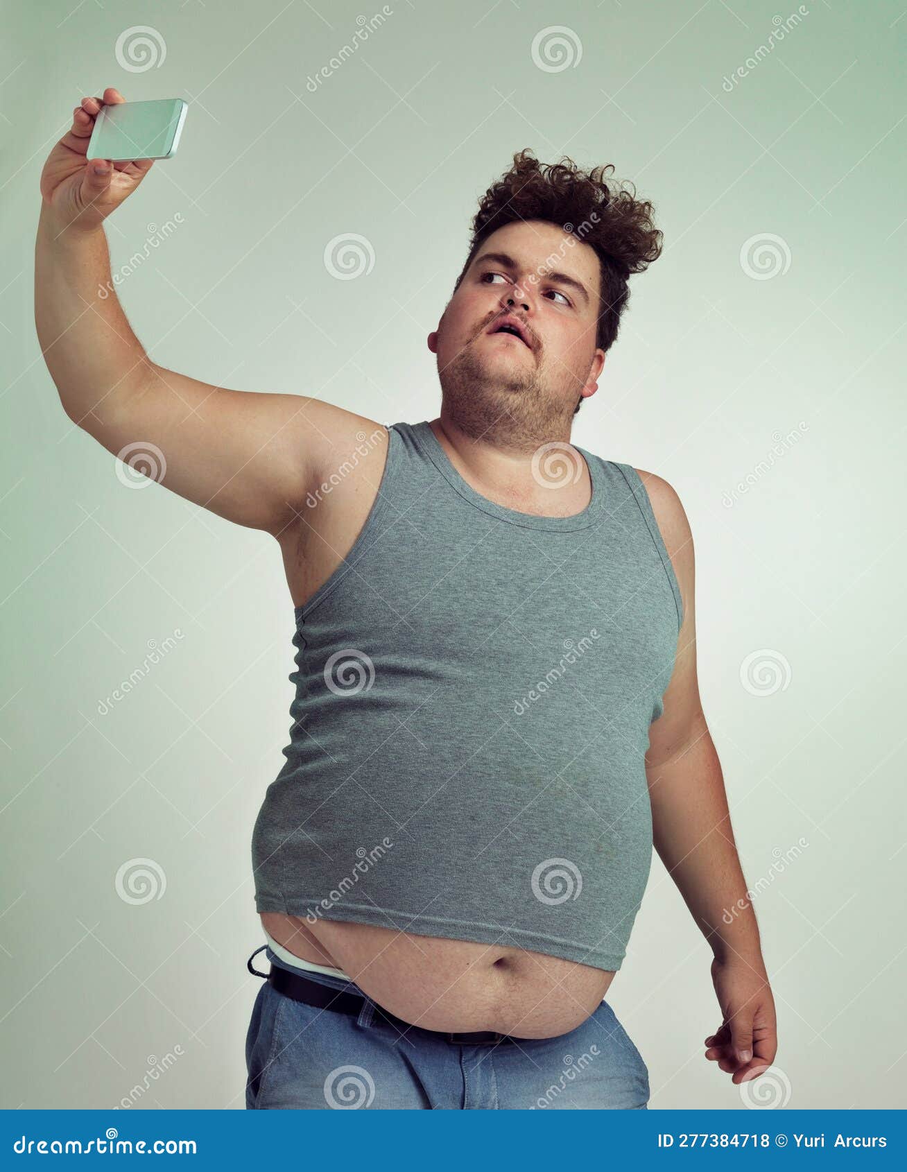 This is the Best Angle. an Overweight Man Taking a Selfie from a High ...