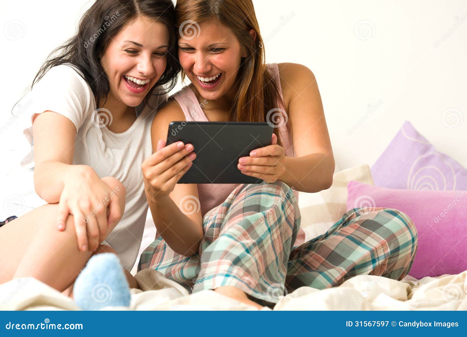 Best Friends Laughing Browsing Social Network Stock Image - Image of ...