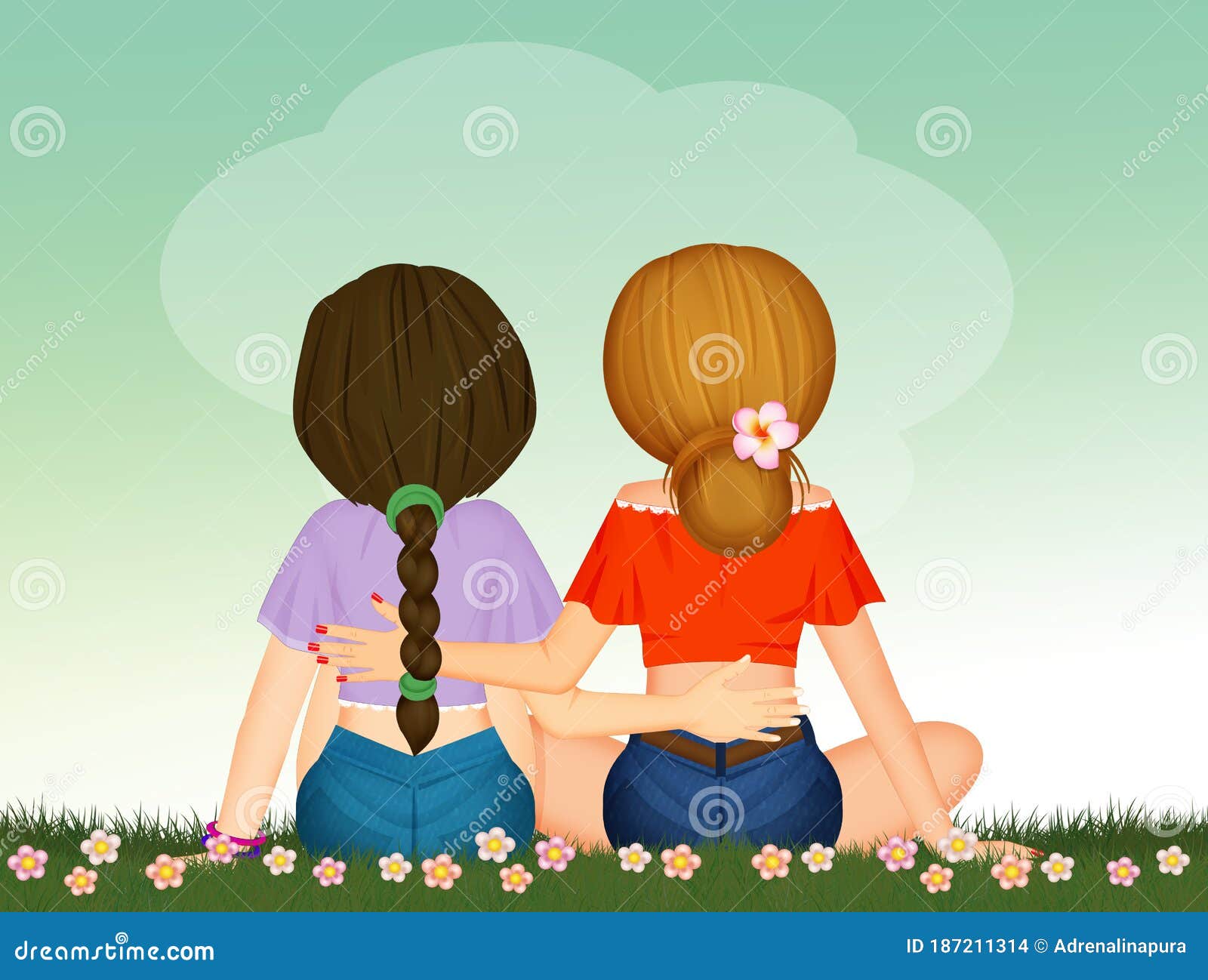 Best Friends Sitting on the Grass Stock Illustration - Illustration of ...