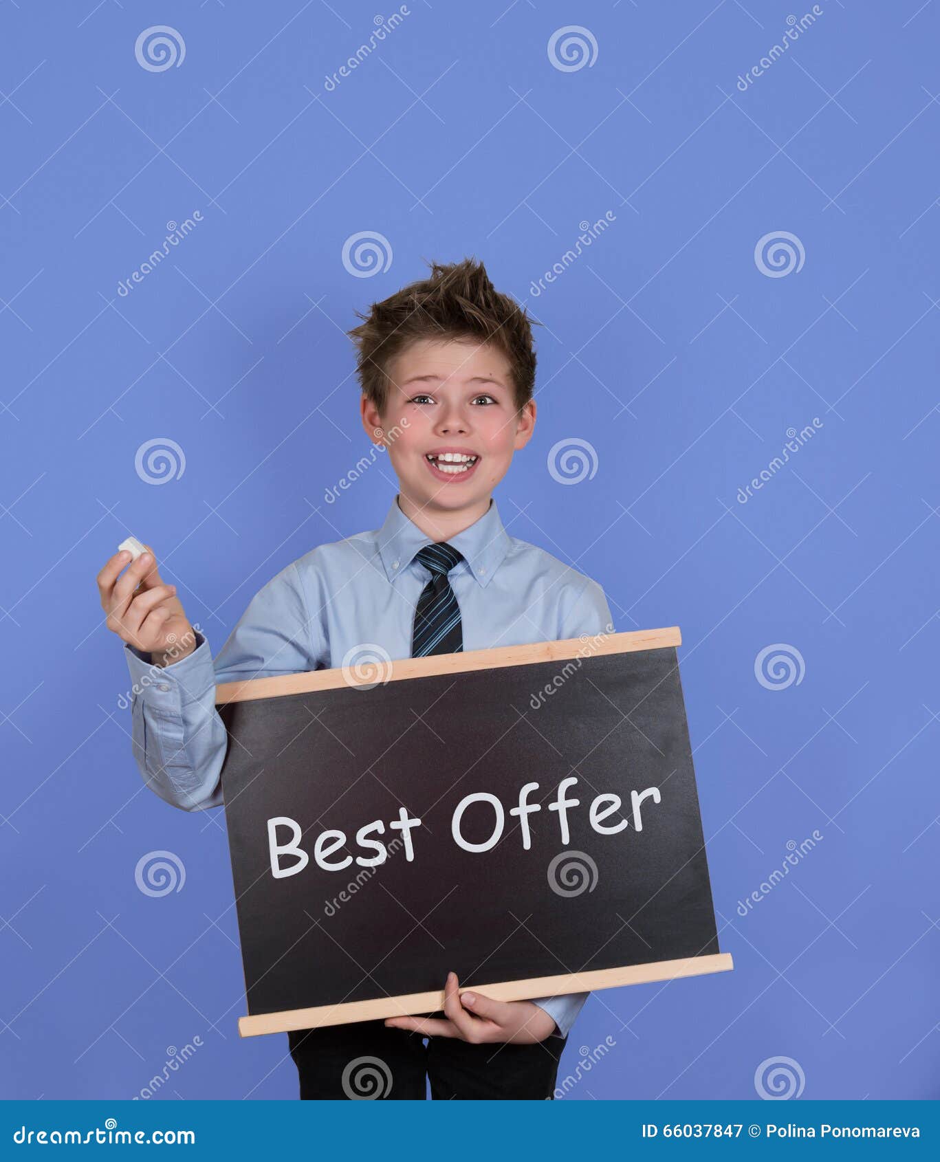 Best Offer Concept. Boy with Blackboard Slate on Blue Background. Stock ...