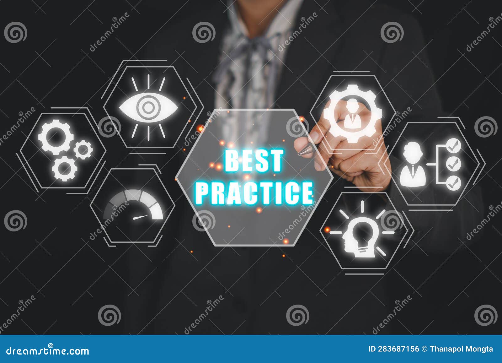 Business Person Hand Touching Best Practice Icon on Virtual Screen ...