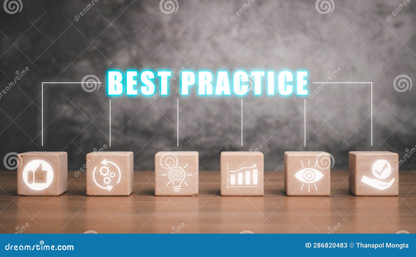 Wooden Block on Desk with Practice Icon on Virtual Screen Stock Image ...