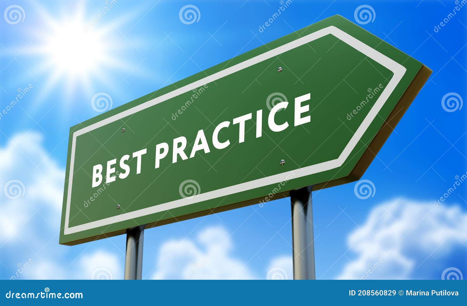 Best Practice Green Road Sign Against Clouds and Sunburst Stock Image ...